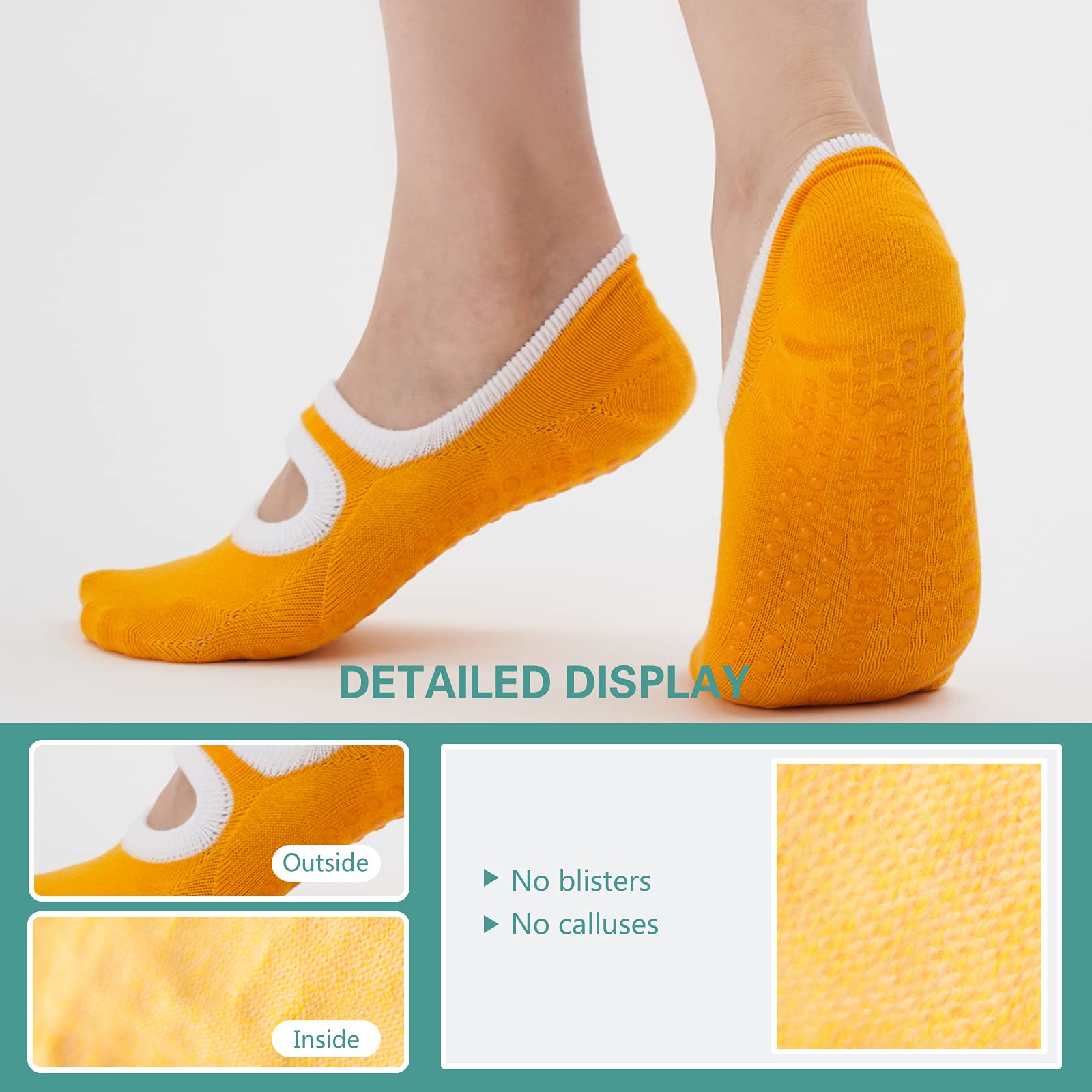 THUMBERLY Yoga Socks Non-Slip with Grips, 2 Pack Pilates Socks for Barre, for Barre, Ballet, Barefoot Workout, Dance Balance Stability Wide Feet Design fits US 5-11 (Black+Orange)