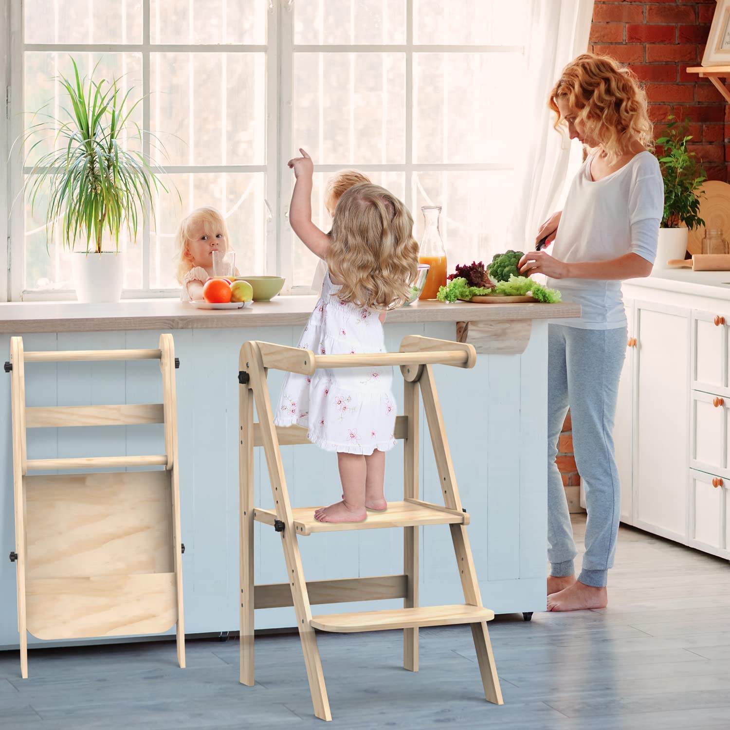 Toddler Step Stool, Folding Wooden Step Stool, Montessori Toddler Tower, Kids Step Stool Toddler Tower, Kitchen Step Stool Helper for Toddlers, Kitchen Step Stool Helper Standing Tower