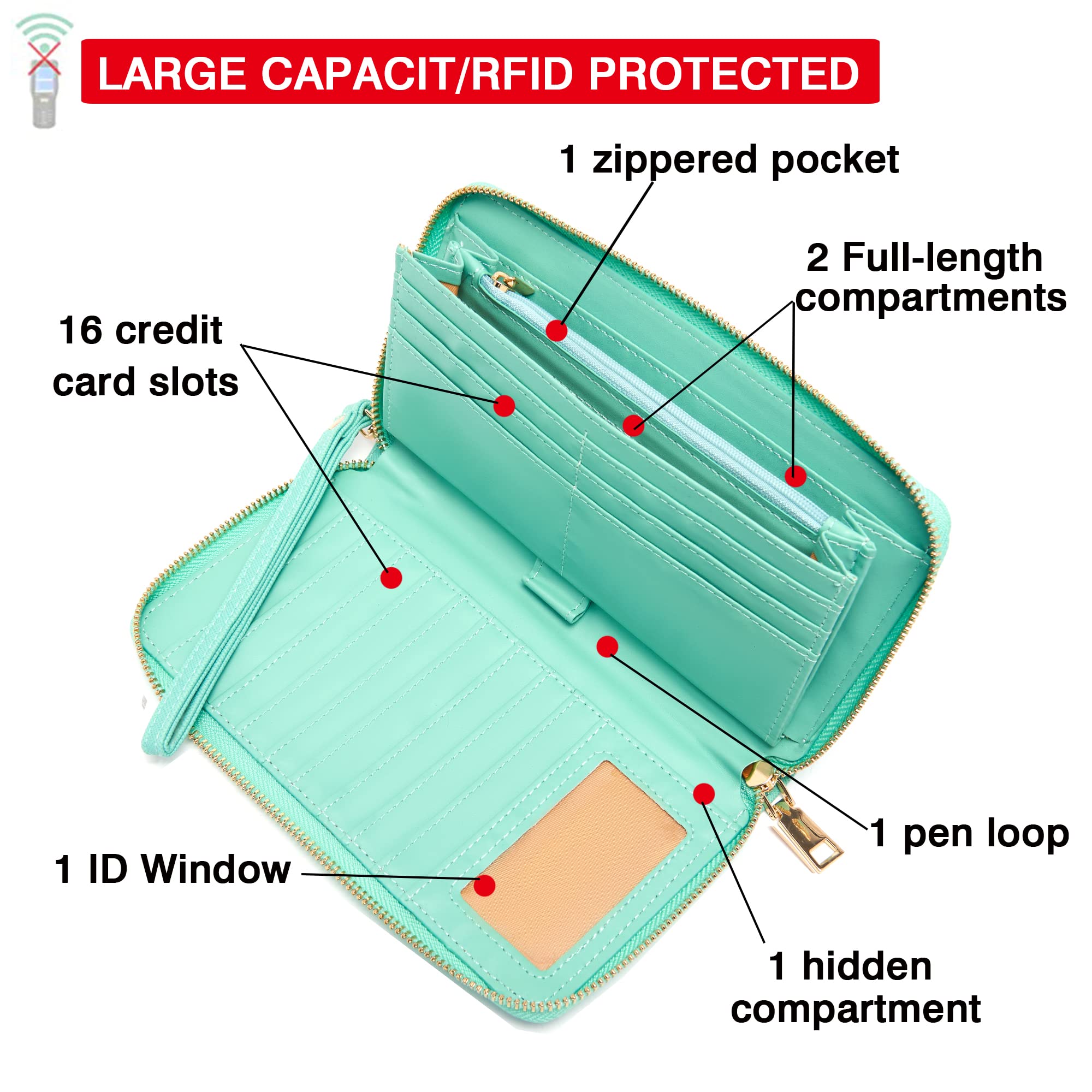 YZAOLL Women's Wallet RFID Blocking PU Leather Large Capacity Zip Around Credit Card Holder Cell Phone Checkbook Storage Bag Zipper Coin Purse,lightgreen