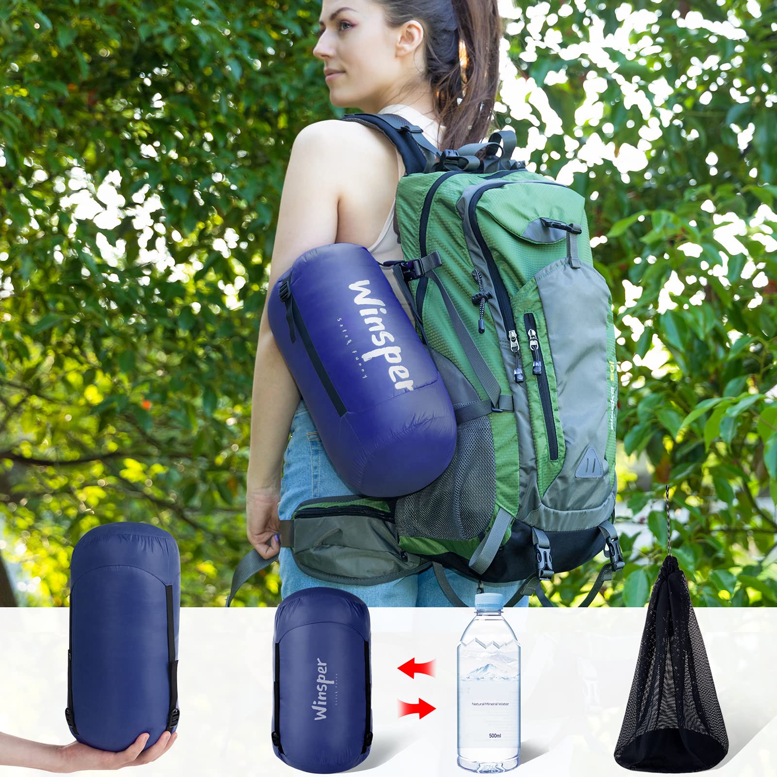 Winsper Ultralight Goose Down Sleeping Bag, 800 Fill Power Lightweight Down Backpack Envelope Sleeping Bag for Hiking Camping - 1.73lb Large, Navy Blue