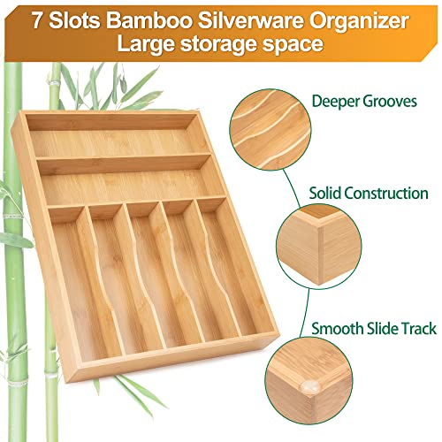 oridom Silverware Organizer for Drawer Sturdy Construction Utensil Organizer for Kitchen Drawers Large Capacity Bamboo Cutlery Organizer in Drawer with Non-Slip Feet Natural