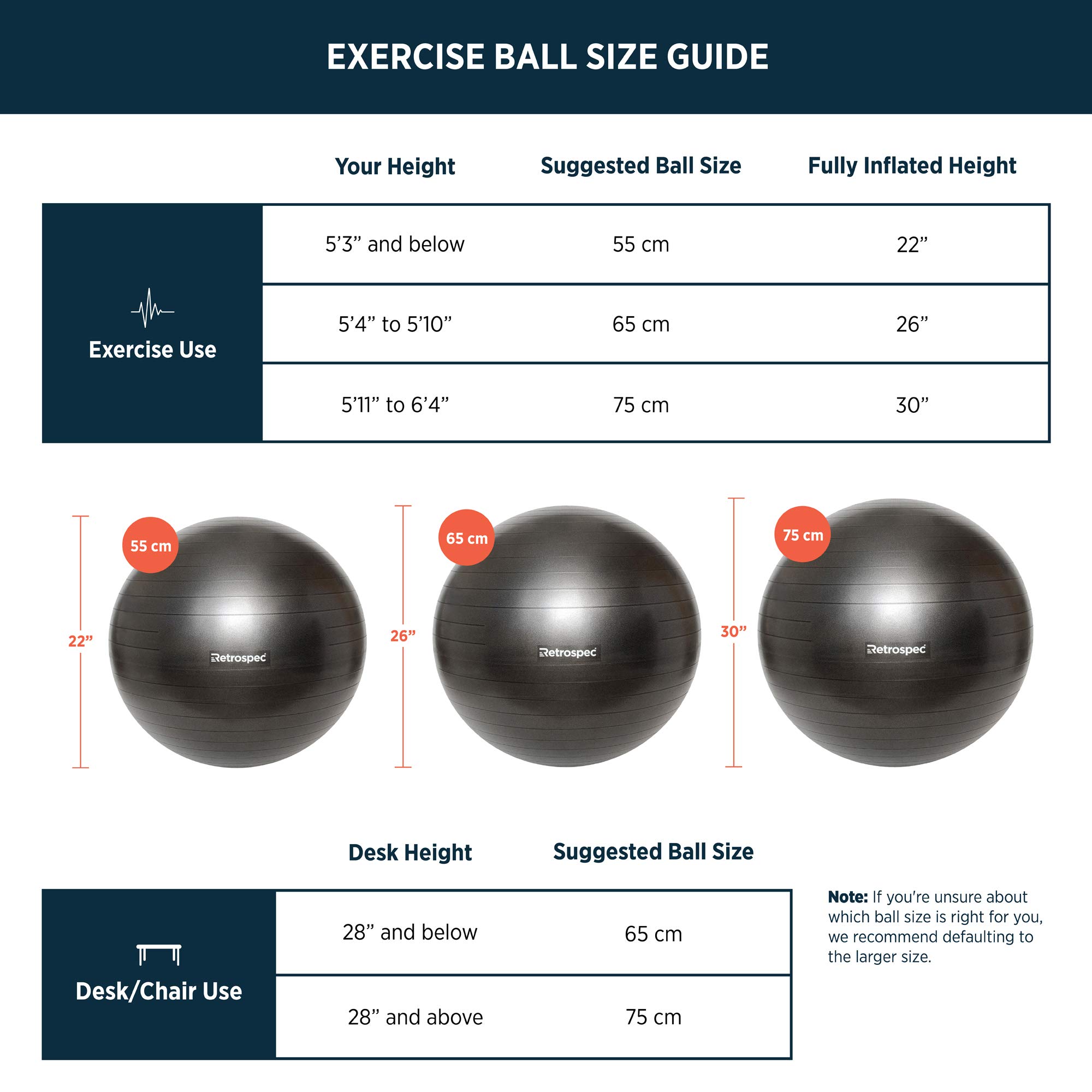 Retrospec Luna Exercise Ball - 55, 65, or 75cm Yoga Ball for Workouts, Stability, Pregnancy - Swish Balance Ball w/Pump for Office & Home Gym