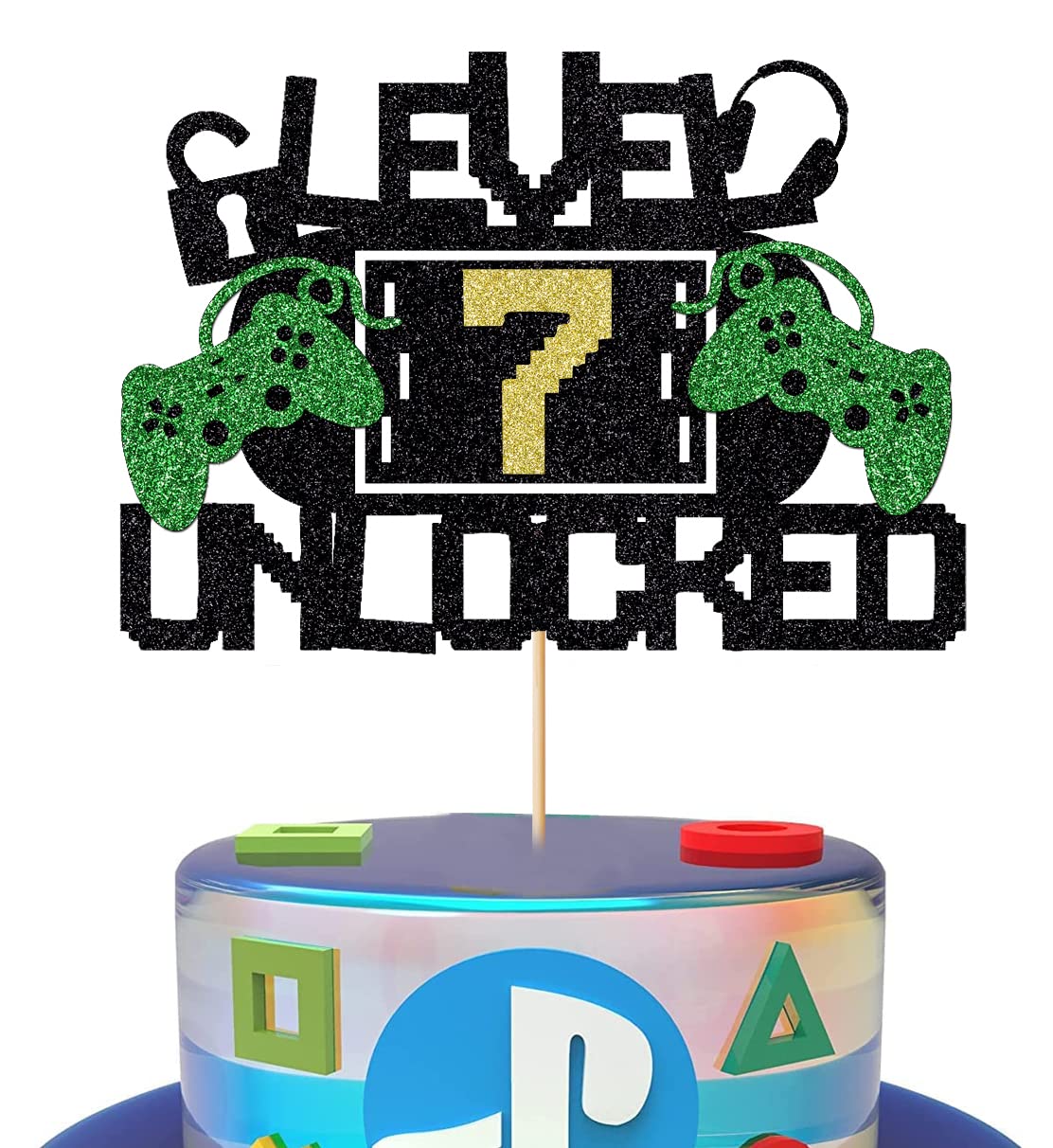 Qerleny Level 7 Unlock Cake Toppers Video Game Cake Toppers Game Console Controllers Gaming Headsets Birthday Cake Toppers (7), Multicolor