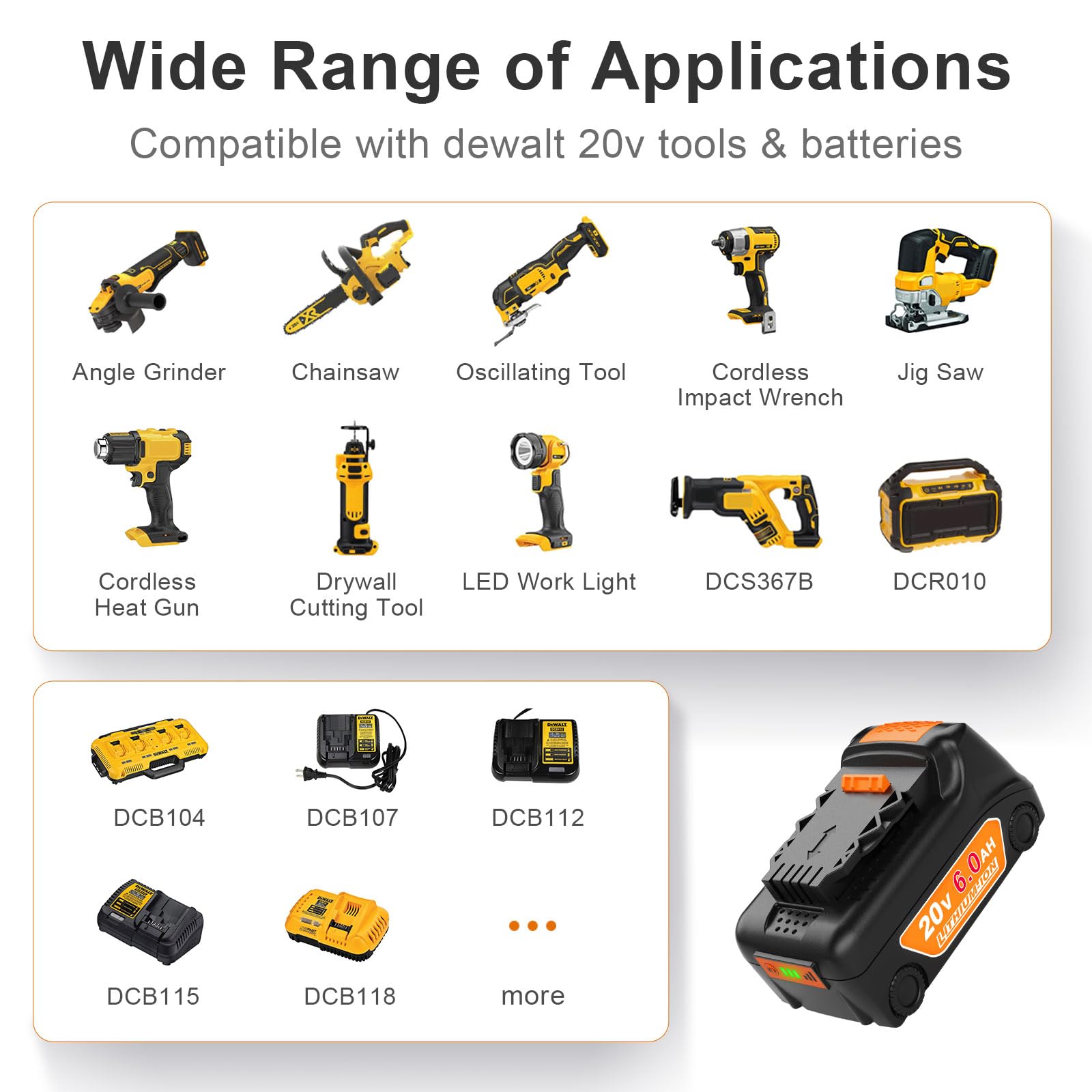 Upgraded 20V 6.0Ah Battery Replacement for Dewalt 20v Battery 2Pack Compatible with Dewalt 20v DCD/DCF/DCG Series Power Tools Gold