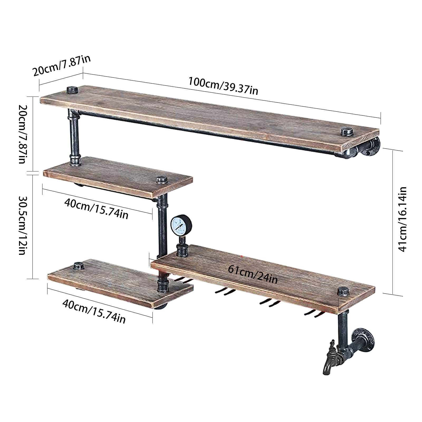 Wall Wine Rack with 4 Stem Glass Holder Wall-Mounted Wine Racks, 39.37" Industrial Pipe Shelf Wine Rack Metal Floating Bar Shelves, Farmhouse Wall Shelf Wine Holder for Kitchen Dining Room Bar
