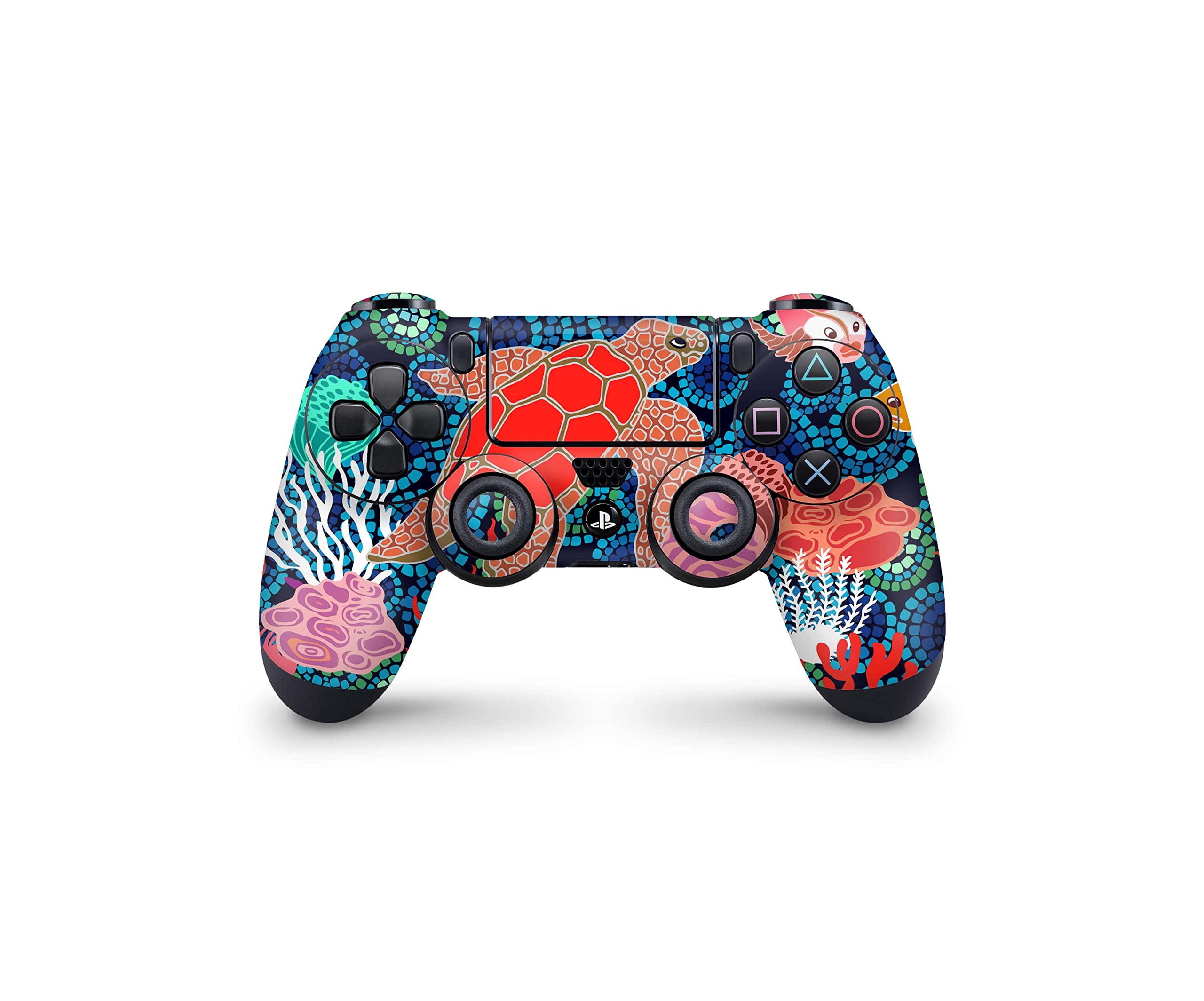 ZOOMHITSKINS Compatible with PS4 Controller Skin, Turtle Ocean Fish Art Neon Glass Blue Sea, Durable, Vinyl, Made in The USA