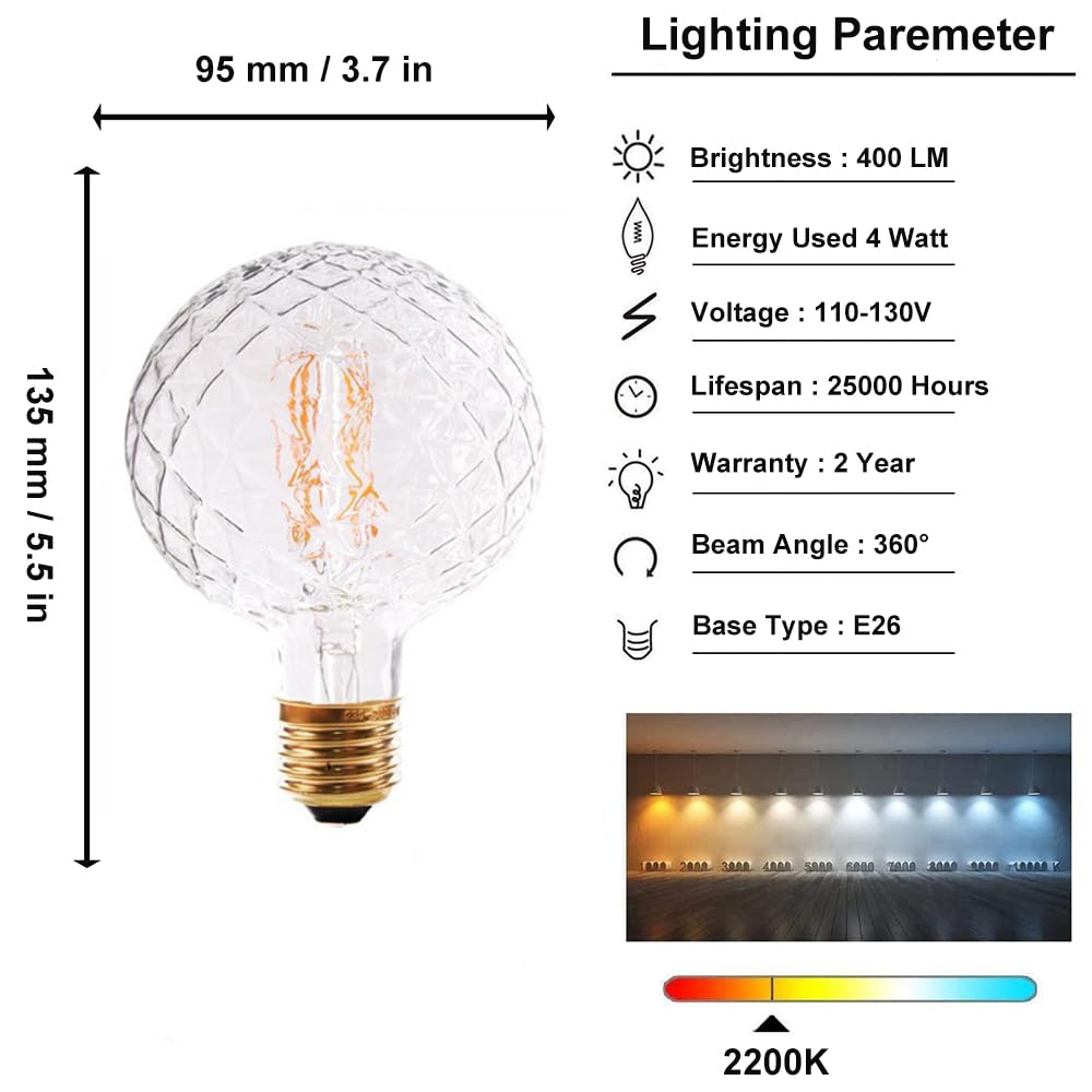 Vintage LED Edison Bulb G30 G95 4W Dimmable LED Filament Bulb Globe Pineapple Shaped Light Bulb 2300K Warm White E26 400LM Equivalent 40W Incandescent (Clear)