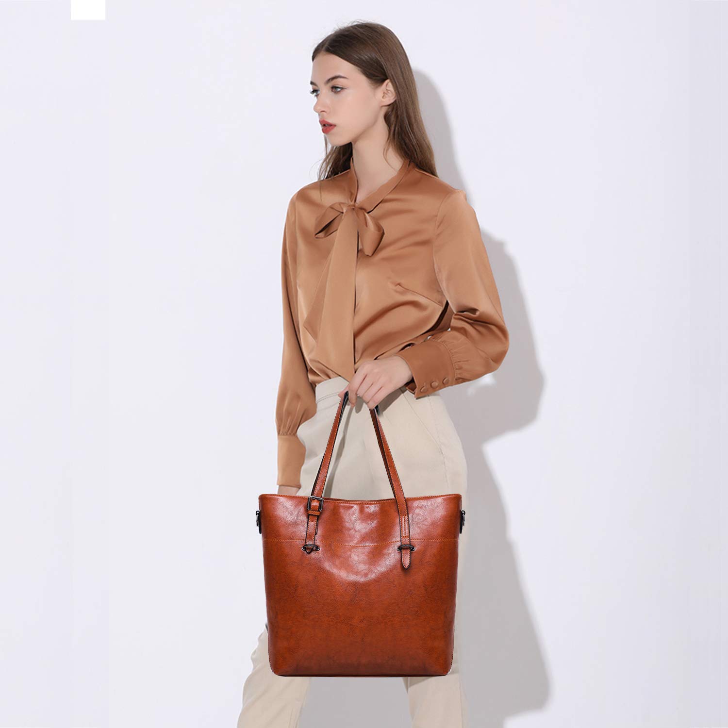 Women Vintage Handbag and Purse Leather Tote Shoulder Bag Large Satchel Top Handle Work Bag Set 4pcs