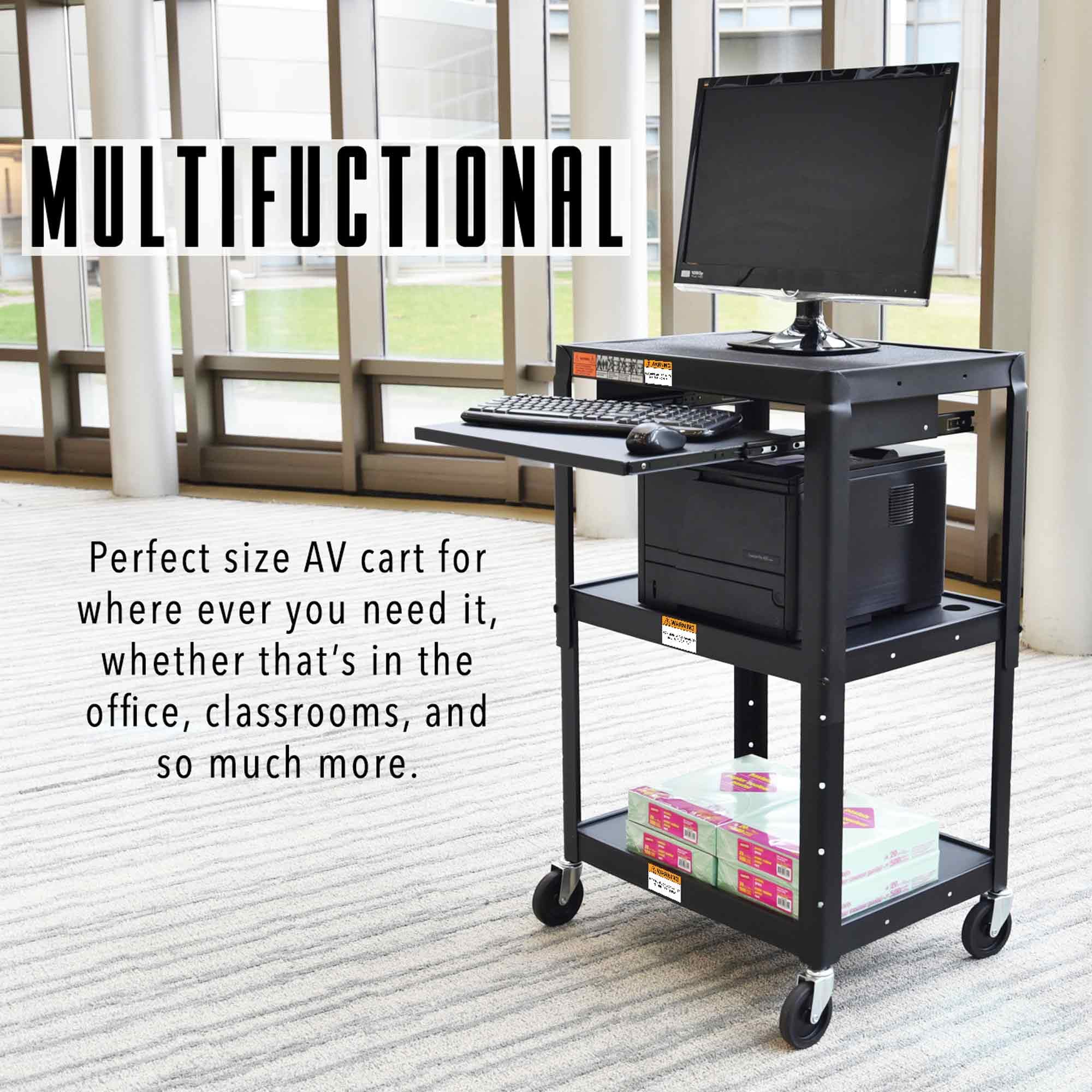 Stand Steady Line Leader AV Cart on Wheels | Height Adjustable Top Shelf & Pullout Keyboard Tray | Includes 15 ft Power Cord with Cord Management | Easy Assembly (42in x 24in x 18in / Black)