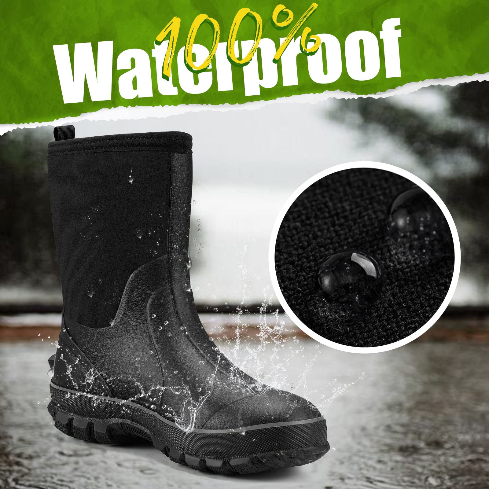 TIDEWE Rubber Boots for Men, 5.5mm Neoprene Insulated Rain Boots with Steel Shank, Waterproof Mid Calf Hunting Boots, Sturdy Rubber Work Boots for Farming Gardening Fishing (Black Size 9)