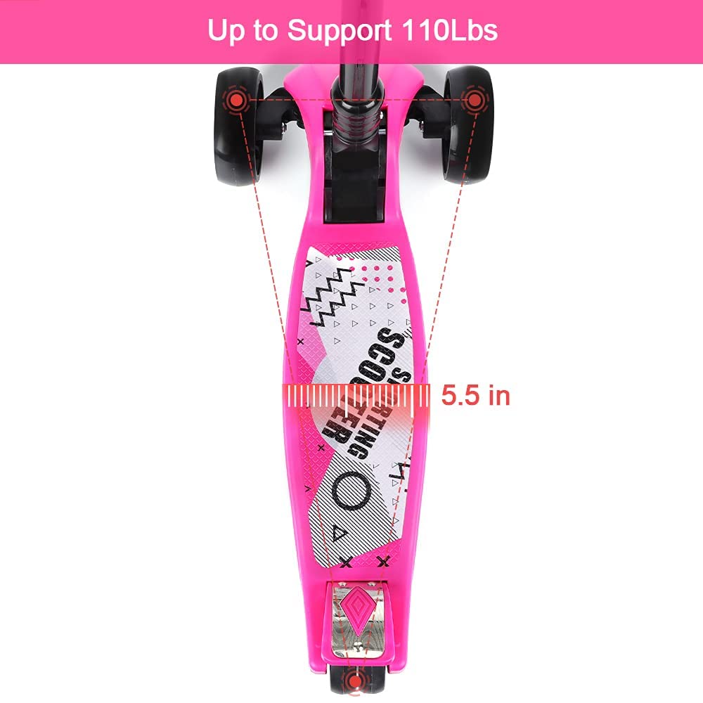 Toddler Scooter, TONBUX Kids Scooter with Foldable, Adjustable Height, Light up 3 Wheels, Rear Brake and Lean to Steer Design for Kids Ages 3-12 - Rose RED