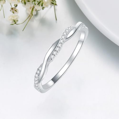 SISGEM 14k White Gold Moissanite Wedding Band for Women Twisted Infinity Promise Engagement Ring Stackable Eternity Rings for Her,US 7