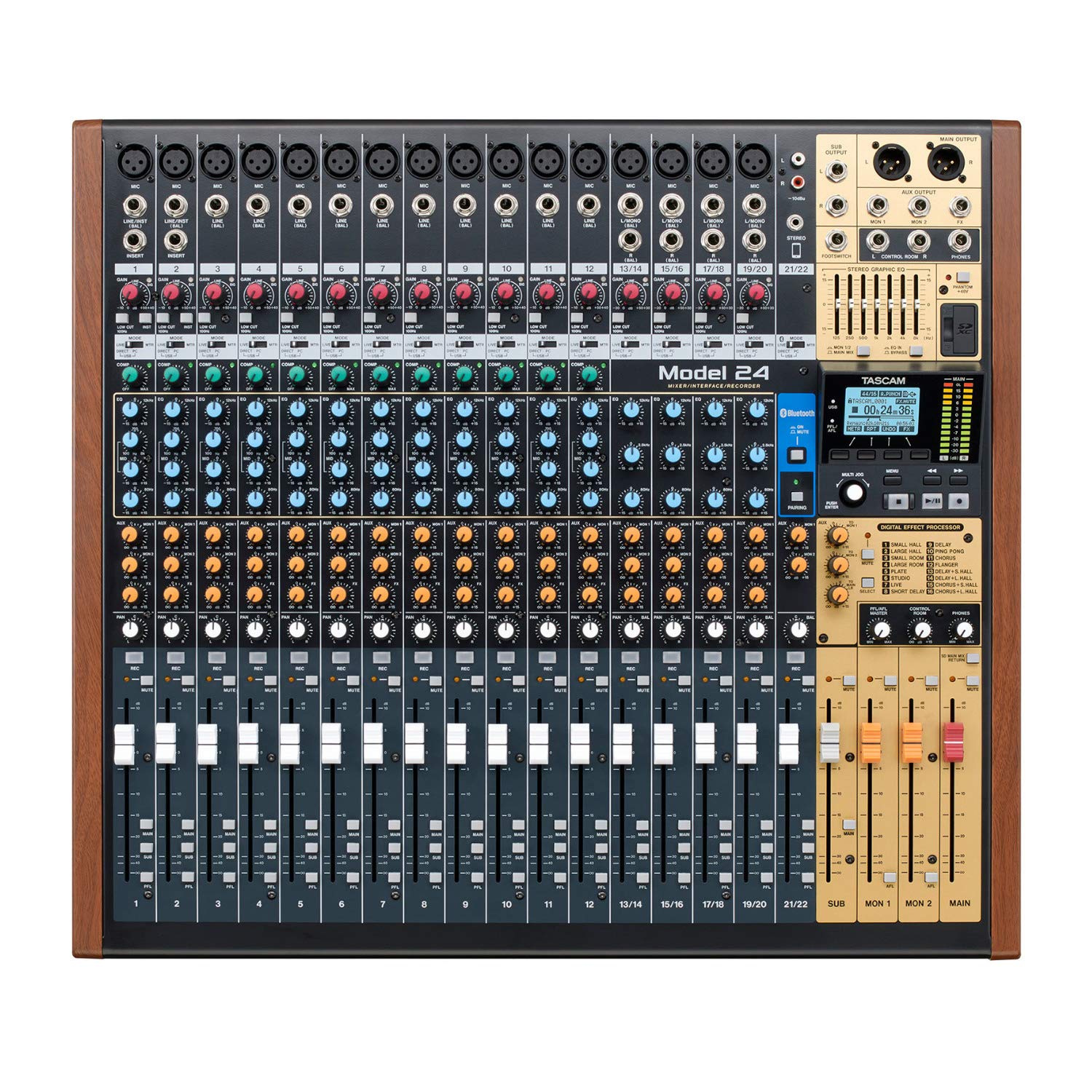 Tascam Model 24: 24-Channel Multitrack Recorder Bundle with Integrated USB Audio Interface and Analog Mixer with Studio Monitor Closed-Back Headphones, XLR Cables, and TRS Cables (8 Items)