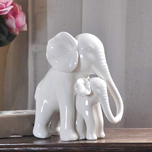 Sun Shade White Ceramic Elephant Mother and Baby Elephant Hand in Hand high-Gloss and Fully Glazed Handicraft/White Porcelain Home Decoration Statue