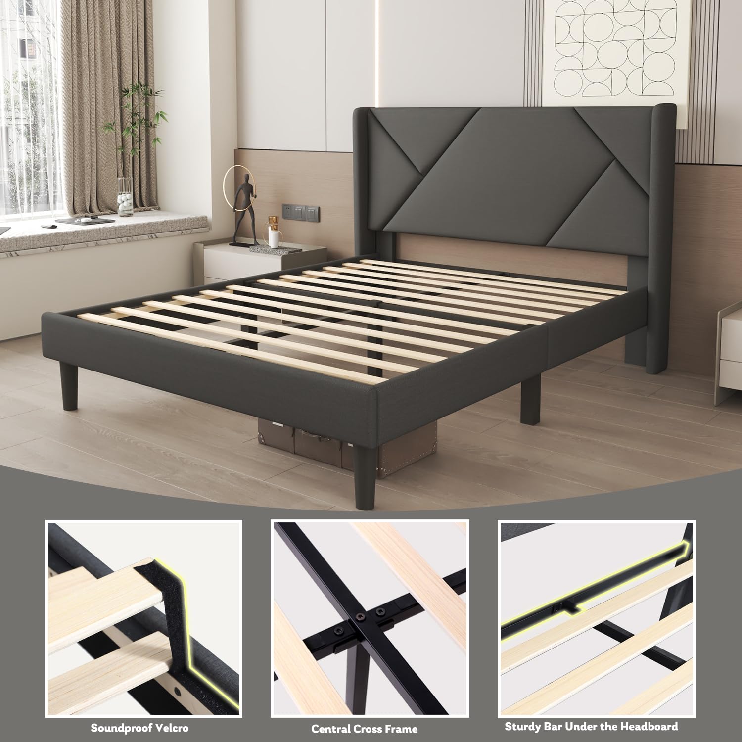 QIAYA Bed Frame Queen Size Upholstered Platform with Fabric Wingback Headboard/12 Solid Wooden Slats, Non-Slip and Noise-Free, No Box Spring Needed, Dark Gray