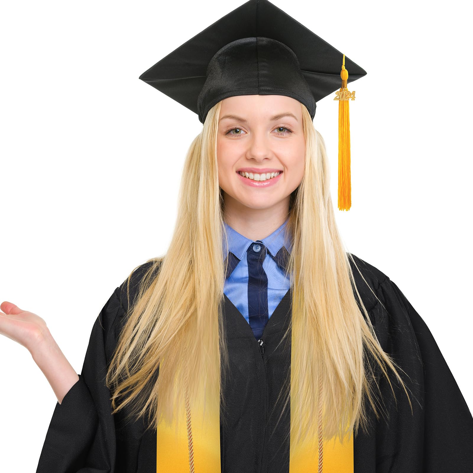 Syhood 4 Pieces 2024 Unisex Graduation Matte Gown Cap Tassel Stole Set Honor Cord 2024 Charm for Graduation(Black, Golden, 51)