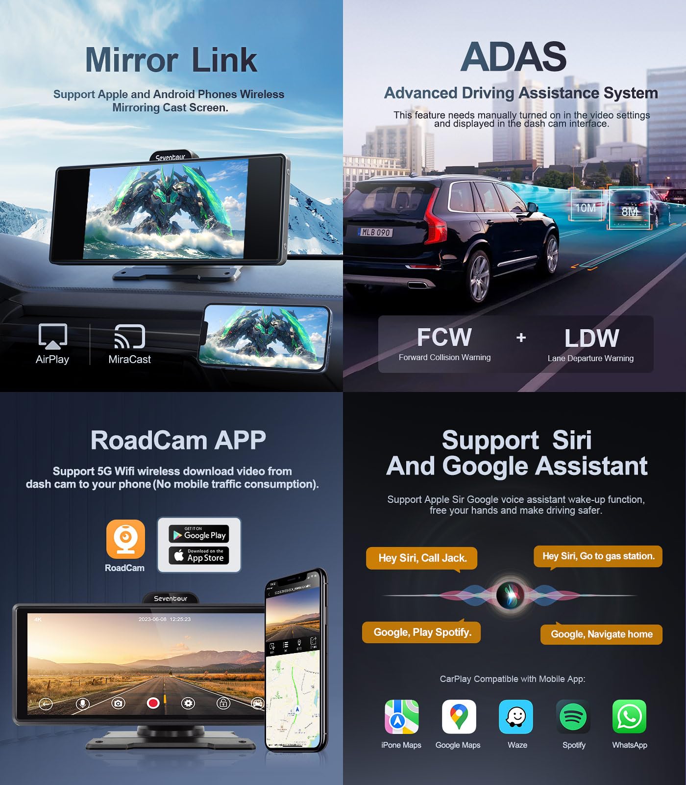 Portable 9.3" Dash Mount Apple CarPlay with 4K Front and Rear 1080P Dash Cam,Wireless Android Auto Car play Screen Stereo for Cars, with Backup Camera/Bluetooth/AUX/FM,Head Unit,Car Audio Receivers