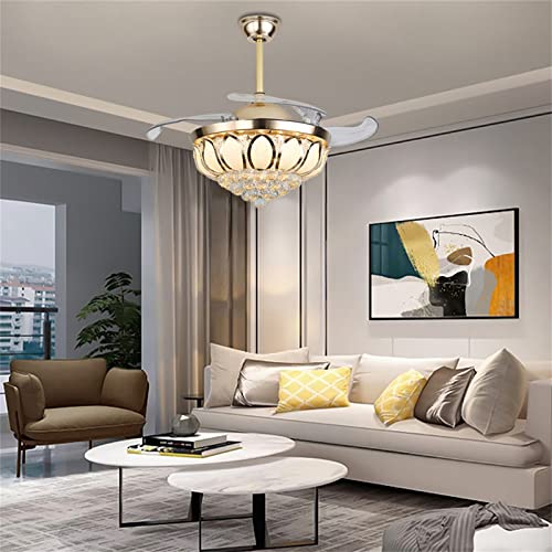 TBVECHI 42" Crystal Ceiling Fan Light with Remote Control Retractable Blade LED Chandelier 3 Colors Dimmable Pendant Lamp for Living Room Bedroom Basement Kitchen