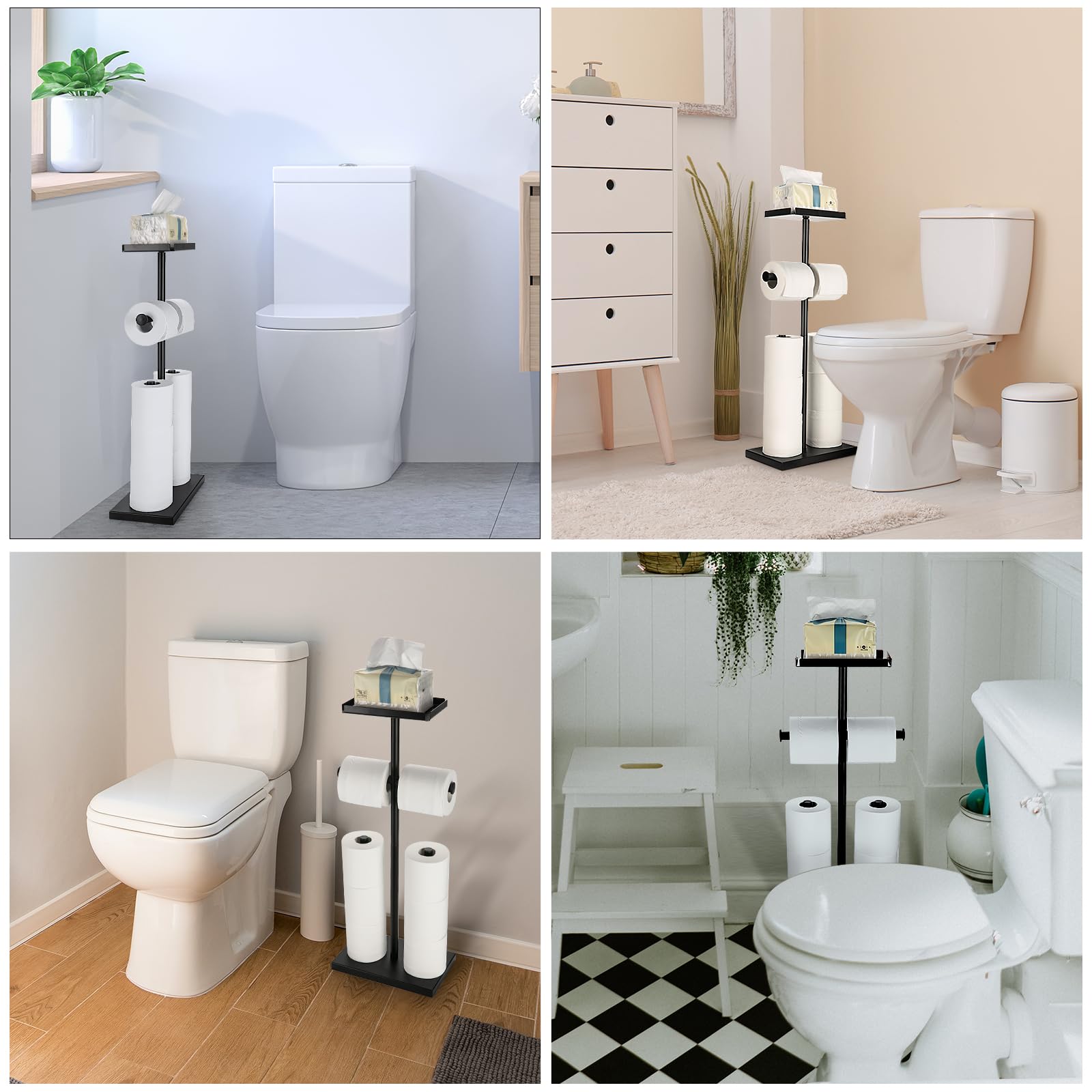 Standing Toilet Paper Holder, Free-Standing Toilet Paper Stand for 8 Mega Rolls, Metal Tissue Storage Shelf for Bathroom