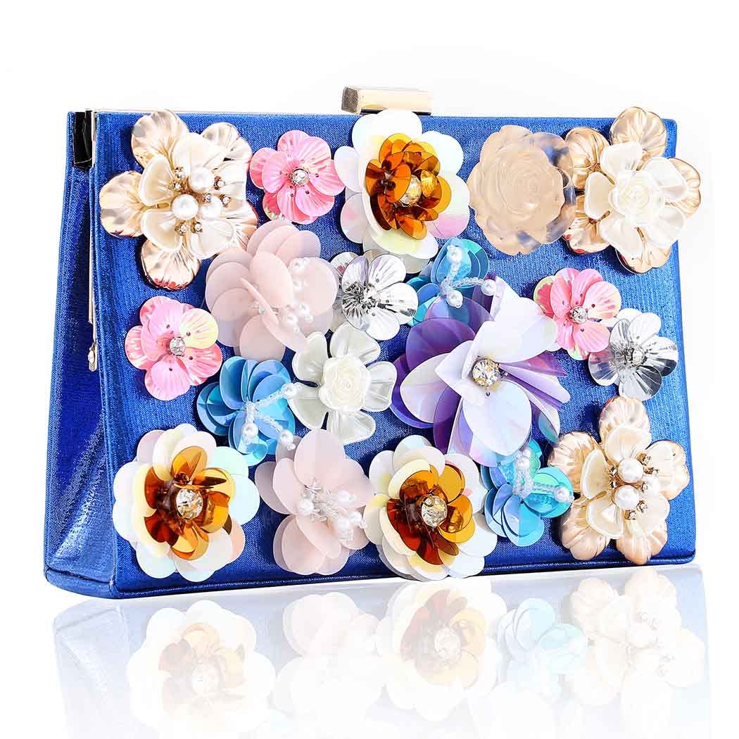 Yokawe Women's Evening Bag Flowers Clutch Purses Floral Bride Wedding Cocktail Handbags (Blue)