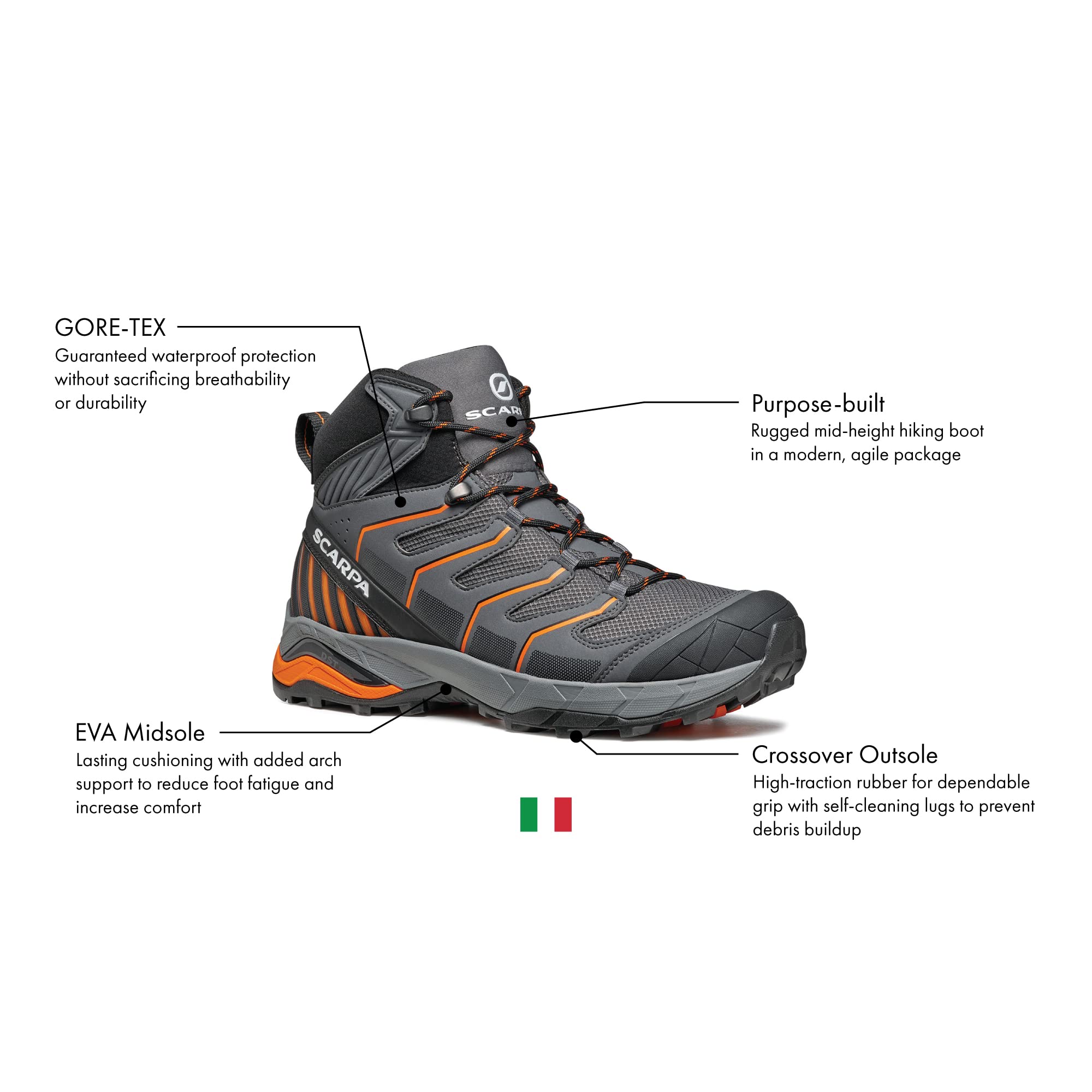 SCARPA Men's Maverick Mid GTX Waterproof Gore-Tex Lightweight Boots for Backpacking and Hiking - Iron Grey/Orange - 9.5-10