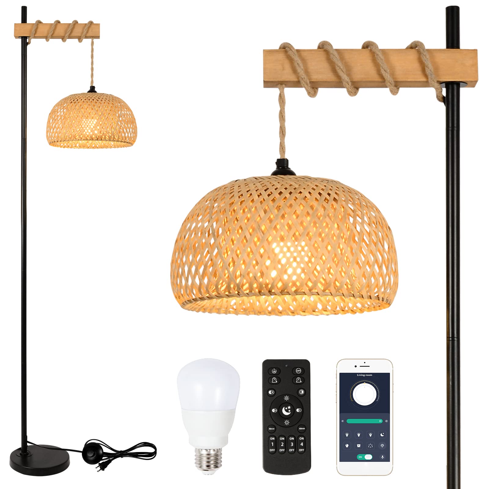 Stepeak Boho Floor Lamp with Remote, Farmhouse Dimmable Rattan Standing Lamp with Smart Blub, Bamboo Lampshade, App Control, Wood Black Tall Lamp for Living Room Bedroom Office, 9W LED Bulb Included