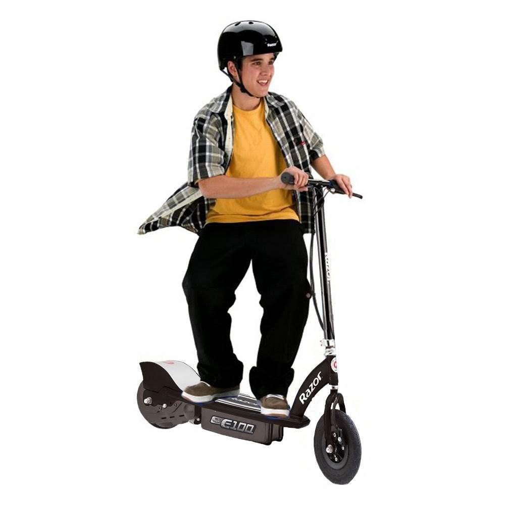 Razor E100 Kids Ride On 24V Motorized Powered Electric Scooter Toy, Speeds up to 10 MPH with Helmet and Safety Elbow Knee Pad Set, Black