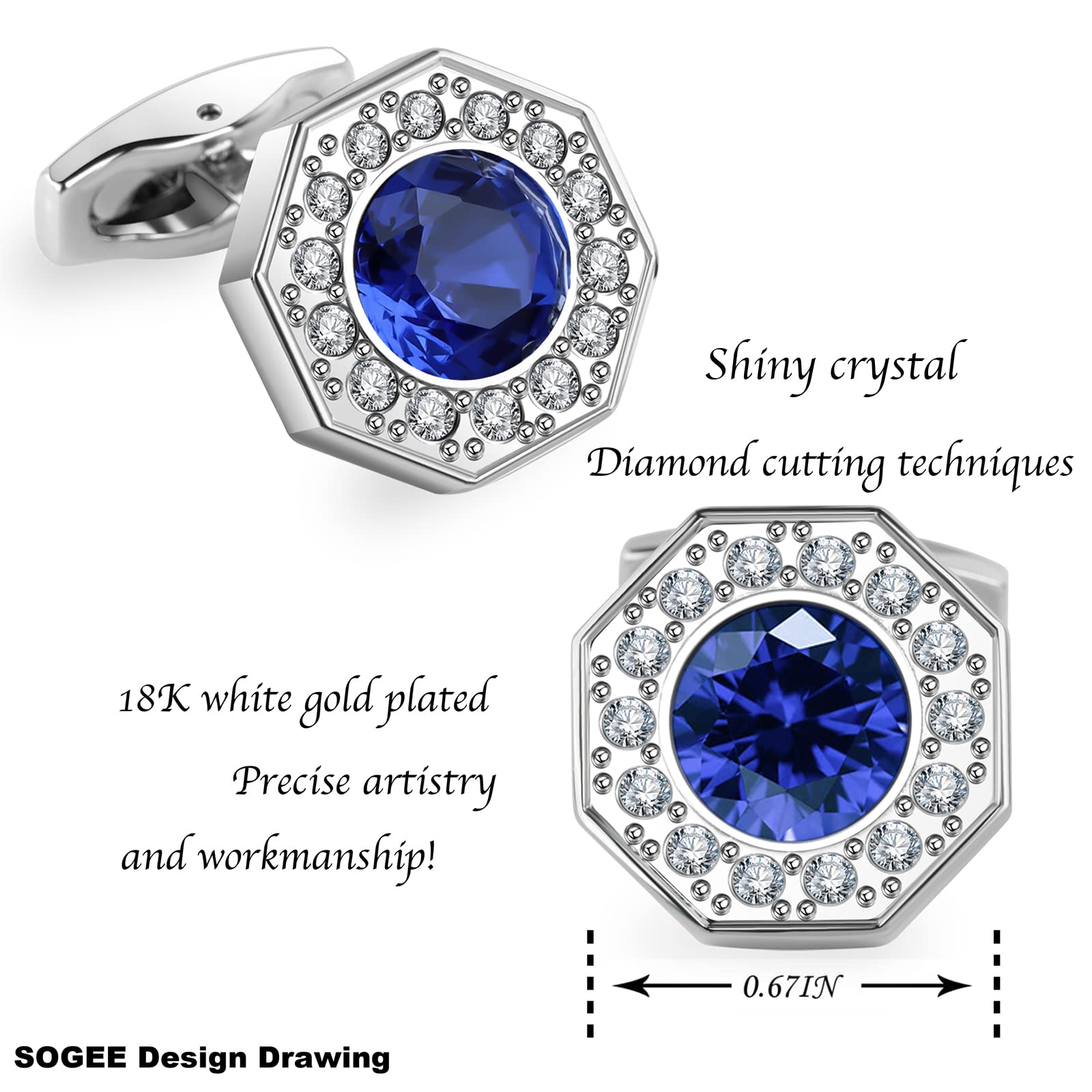 Sogee Navy Blue Crystal Cufflinks for Men Elegant Mens Cuff Links for Wedding Party Unique Gift