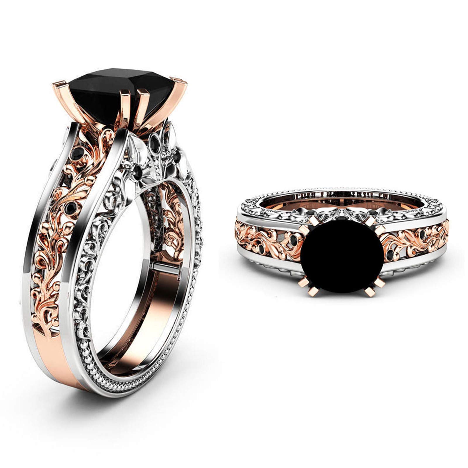 Taswuw Press Cut Gold Black Diamond Engagement Rings for Women Classic Side one Prong Set Diamond Floral Wedding Ring