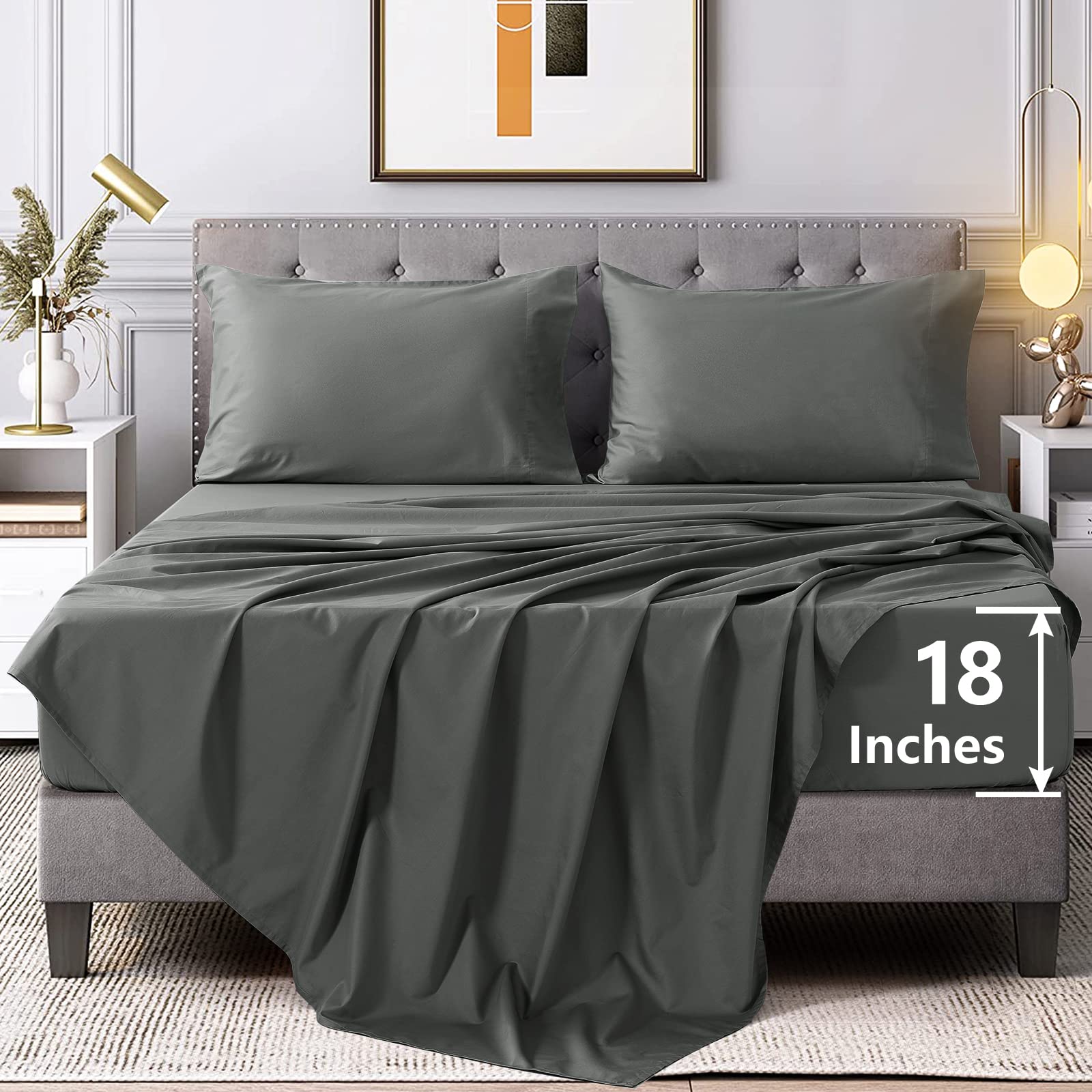 VERZEY 100 Cotton 18 Inch Deep Pocket Cotton Sheets for King Size Bed 4 Piece Cooling Bed Sheet Sets 400 Thread Count Sateen Weave (Grey, King)