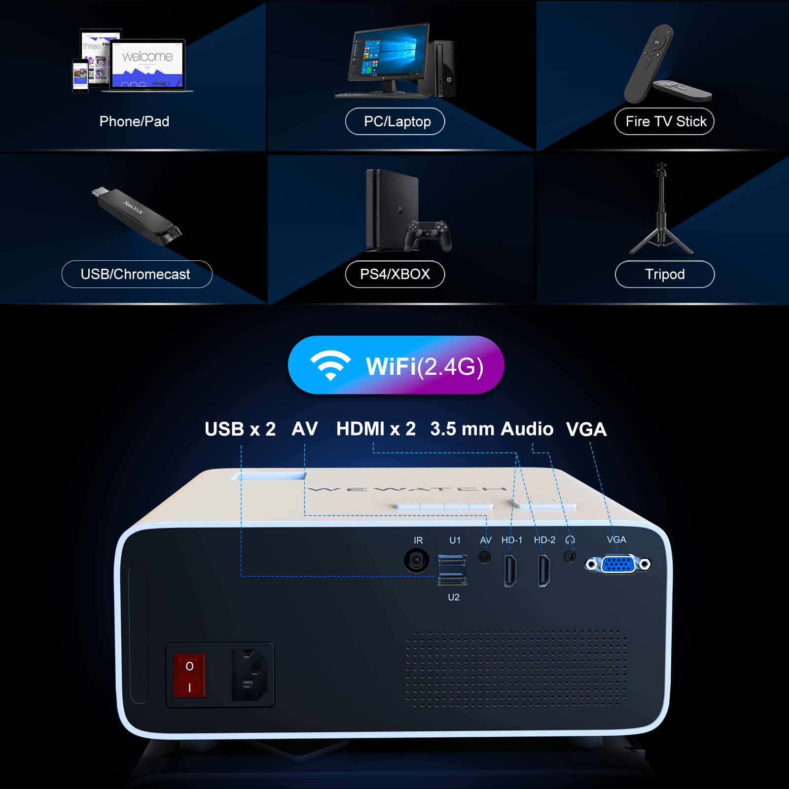 WEWATCH Native 1080P 5G Projector, LED 15,000LM, WiFi Wireless, 230" Large Screen, ±50° Four point keystone correction, Home Outdoor Portable Projector, Compatible with HDMI, TV Stick,AV,USB