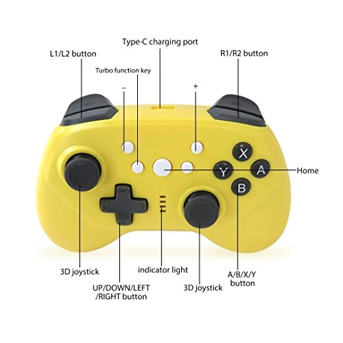 Wireless Controller Built-in 600mAh Rechargeable Batter Compatibility for Nintendo-Switch, Wired PC and P3, with Type-C Charging Port (Yellow)