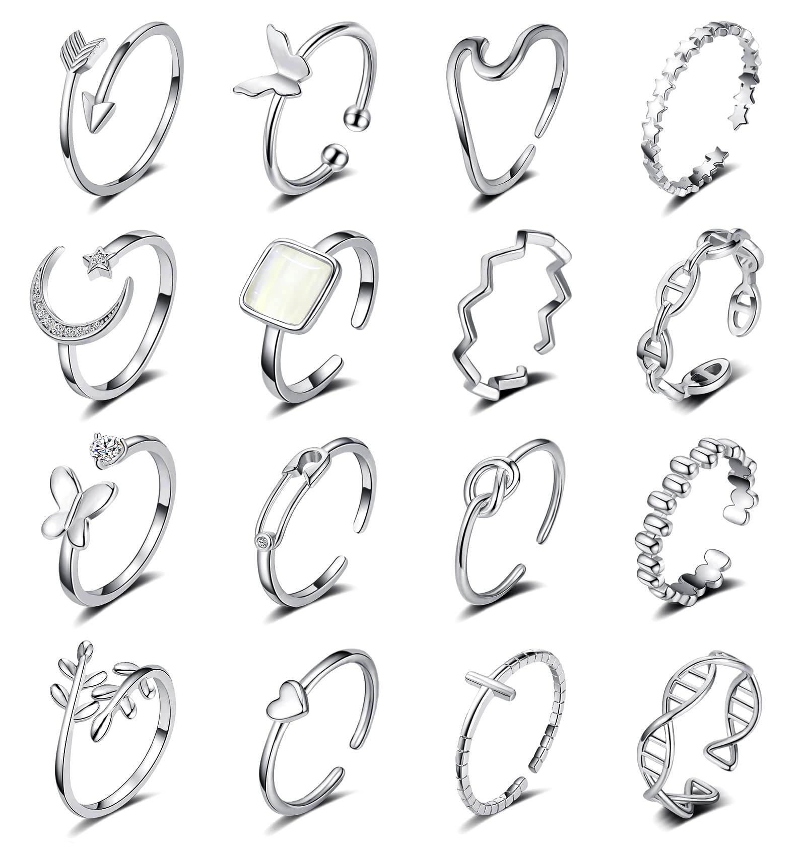 TOBENY 16PCS Adjustable Rings for Women 14K Silver Gold Plated Knuckle Stackable Rings Butterfly Arrow Knot Wave Rings Thumb Midi Finger Rings