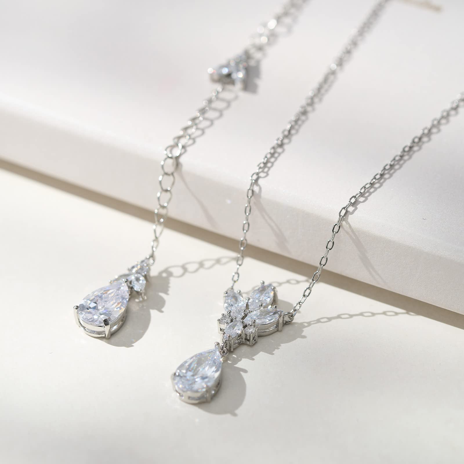 SWEETV Teardrop Wedding Backdrop Necklace for Bride Bridesmaids, Cubic Zirconia Crystal Back Pendant Bridal Necklace for Party Wedding