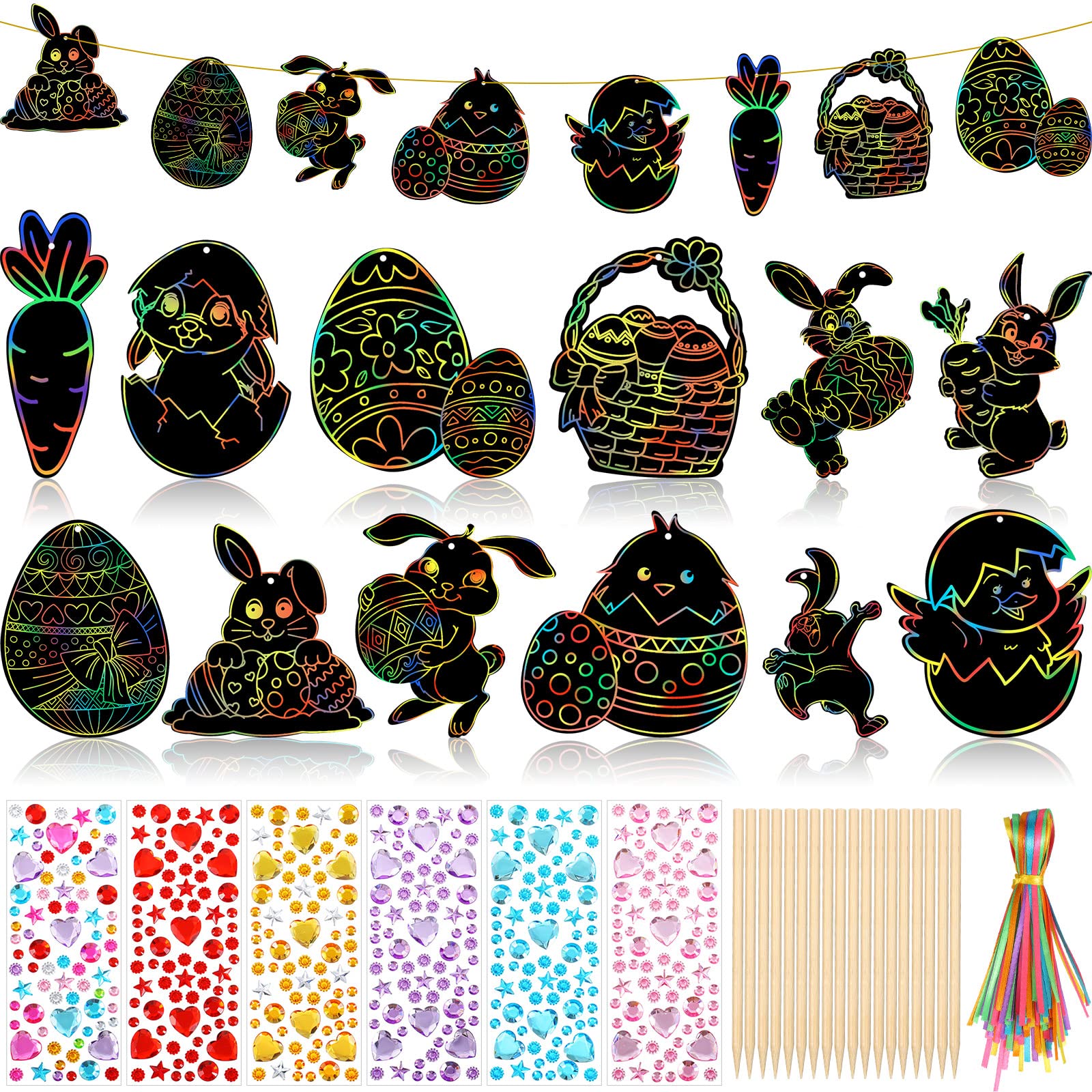 Yexiya 120 Pcs DIY Easter Craft Kits for Kids Scratch Paper Easter Ornaments Rainbow Easter Egg Scratching Tools Easter DIY Art Decoration with Gem Stickers Rhinestones for Home Classroom Easter