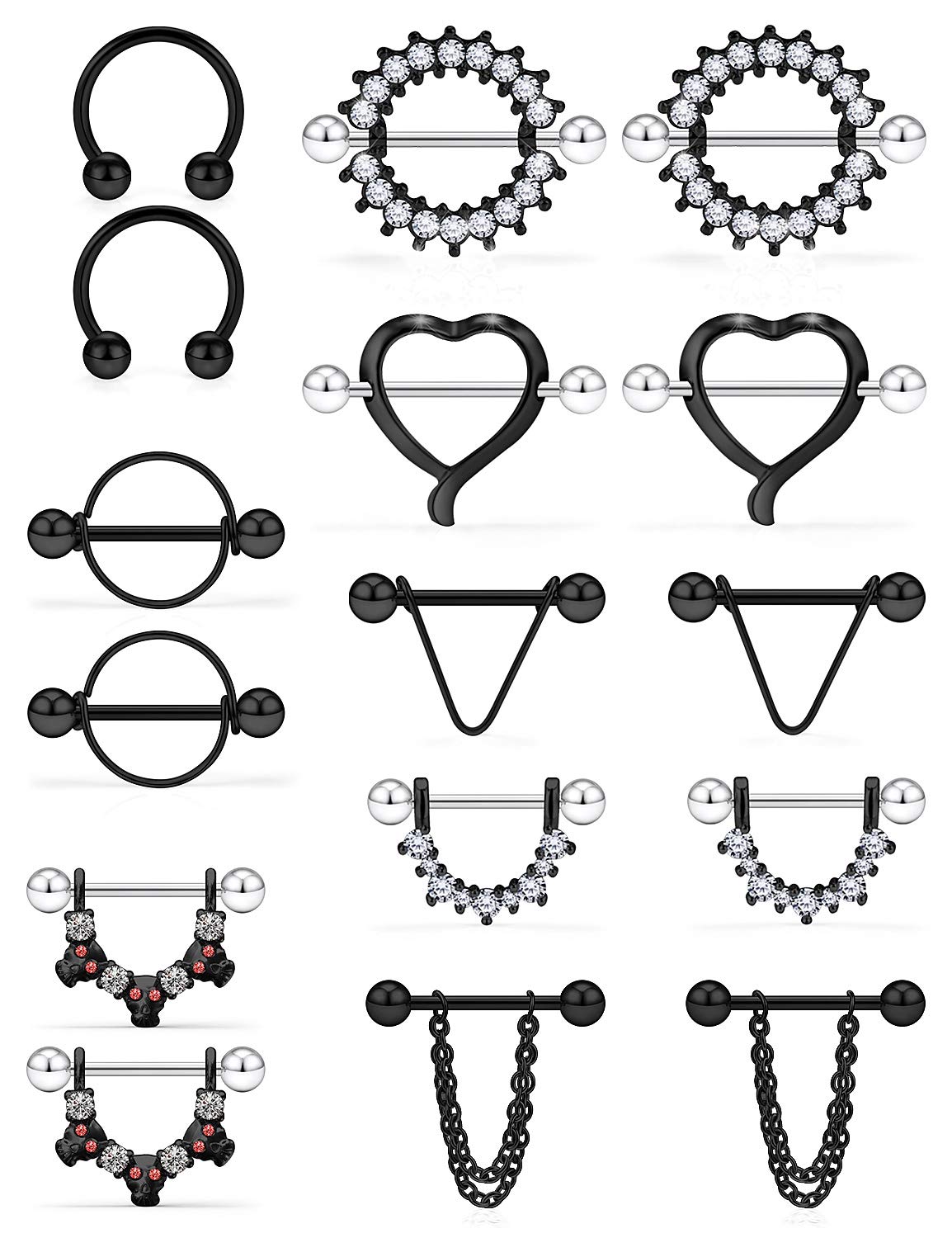 SCERRING 14G Nipple Rings Stainless Steel Nipplerings CZ Heart Tongue Shield Barbell Rings Retainer Body Piercing Jewelry for Women 9/16Inch 8 Pairs Black