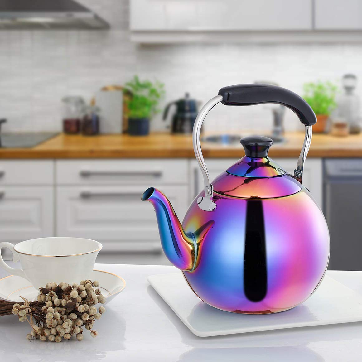OMGard Whistling Tea Kettle Stainless Steel Rainbow Teapot 2.5 Quart Teakettle for Stovetop Induction Stove Top