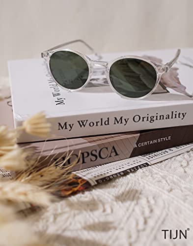 TIJN Polarized Colored Sunglasses for Womens Mens,Retro Small Round Frame,UV400 Protection Tinted Lens Sunnies(Clear+Green)