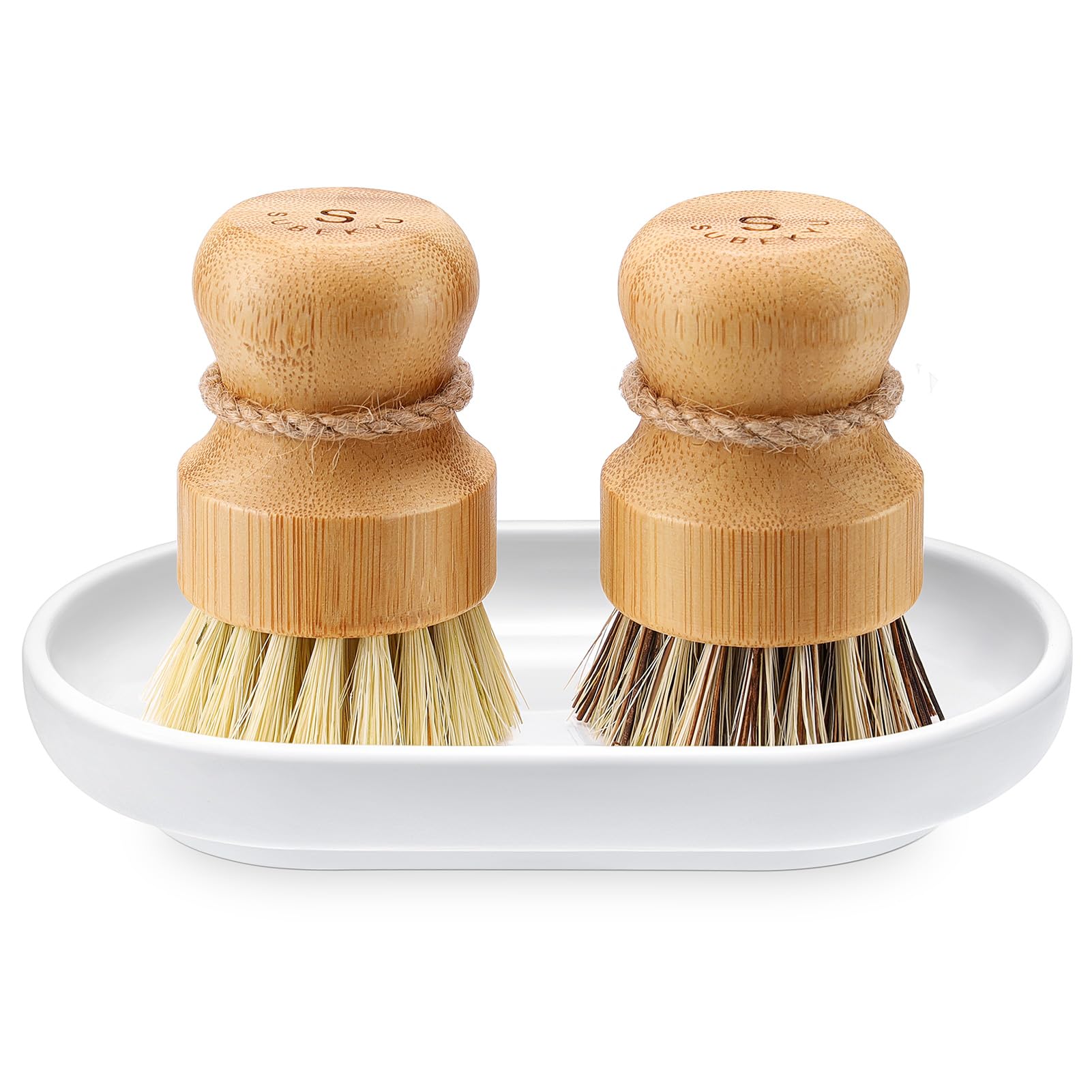 SUBEKYU Bamboo Dish Scrub Brushes, Bubble Up Bamboo Dish Brush Set with Brush Tray, Kitchen Wooden Cleaning Scrubbers Set for Washing Cast Iron Pan/Pot, Natural Sisal +Coconut Palbristles, Set of 2