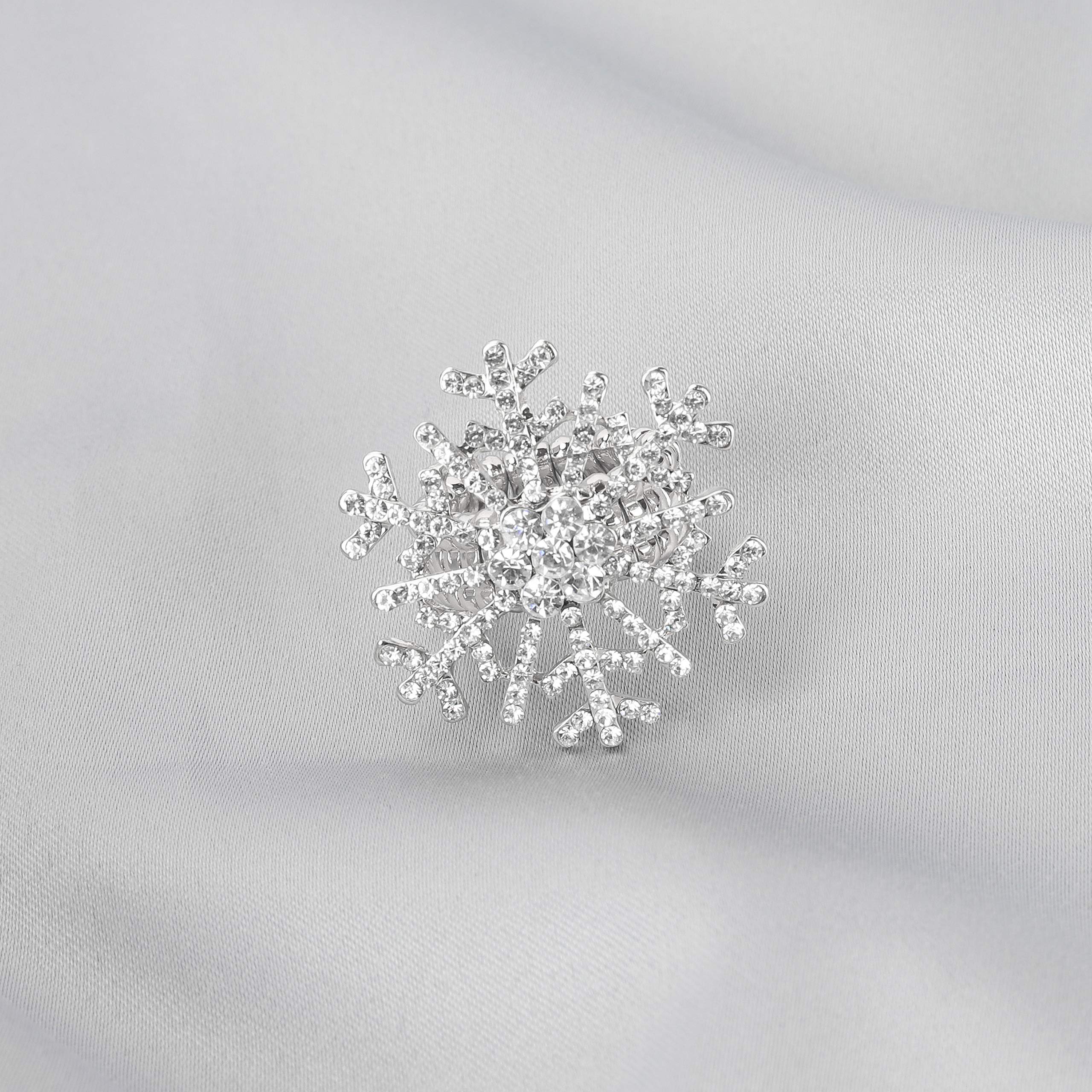 SP Sophia Collection Women's Glistening Rhinestone Winter Snowflake Stretch Ring in Silver