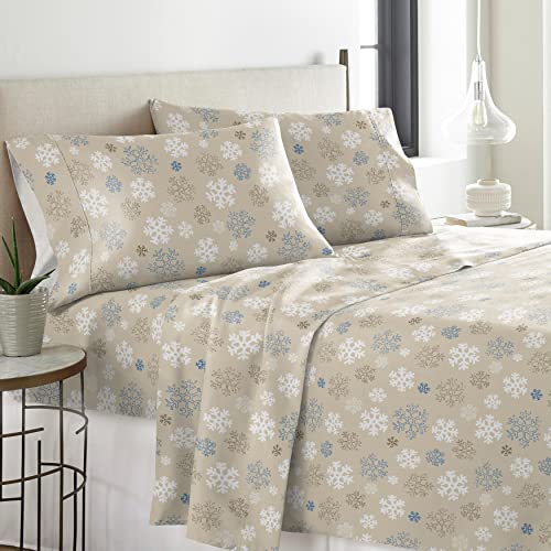 Pointehaven Flannel 170 GSM Sheet Set,Queen Snow Flakes Oatmeal