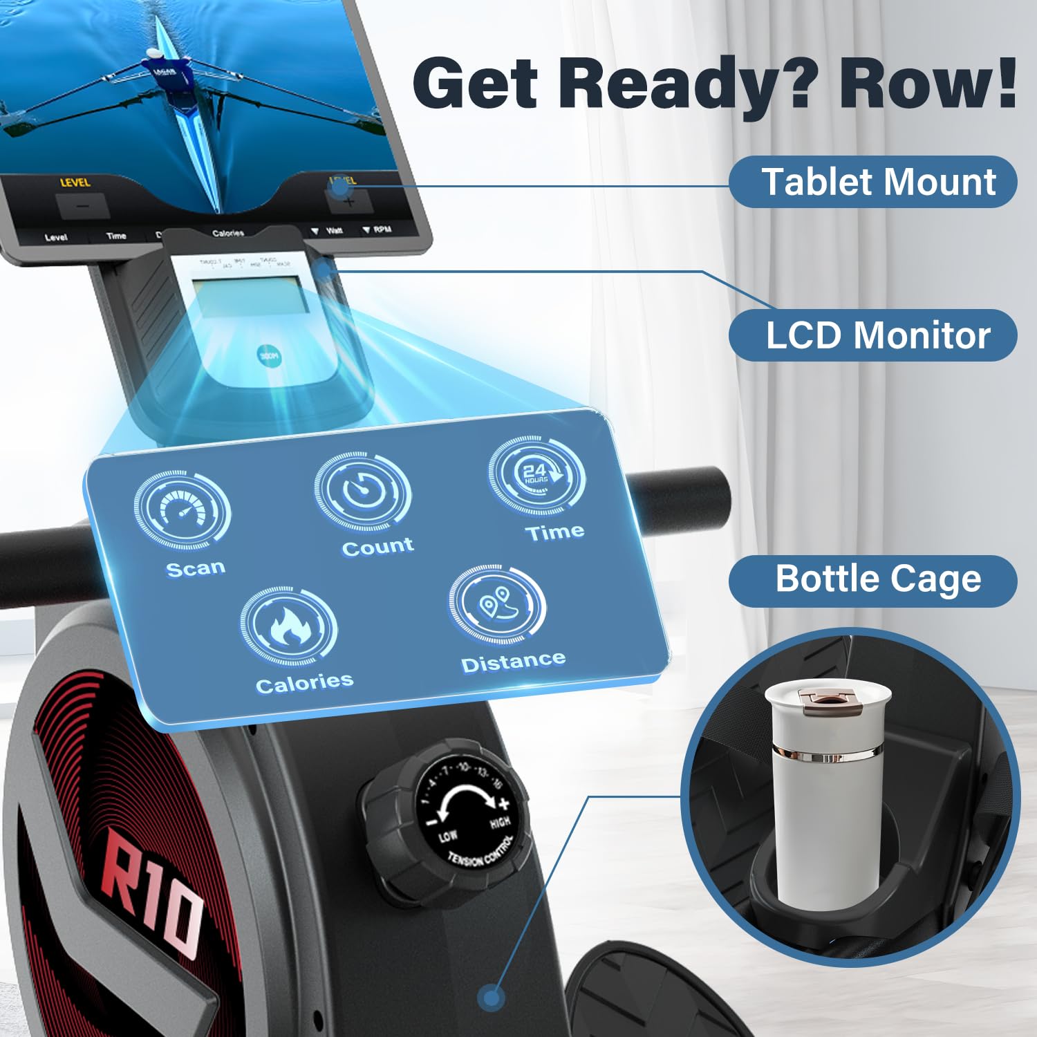 SNODE Rowing Machine for Home Use with 16 Level Resistance, Sturdy Rower Machine with LCD Monitor, Ergonomic Seat, Dual Rail, 350lb Weight Capacity