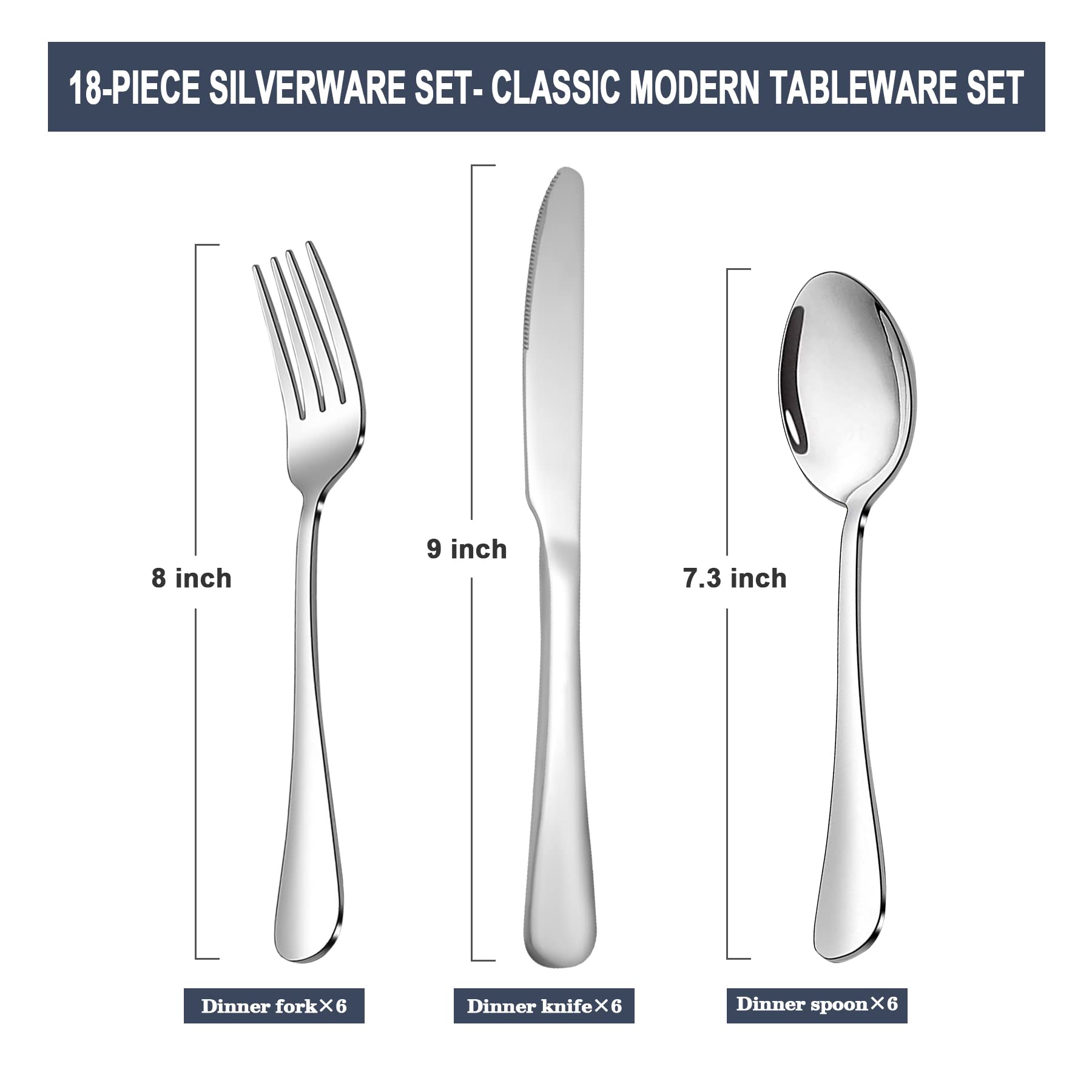 SANTUO 18PCS Dinner Set combo with 6 Dinner Knives, 6 Dinner Forks, 6 Dinner Spoons, Food Grade Stainless Steel Silverware Set for Home, Kitchen and Restaurant, Mirror Polished& Dishwasher Safe
