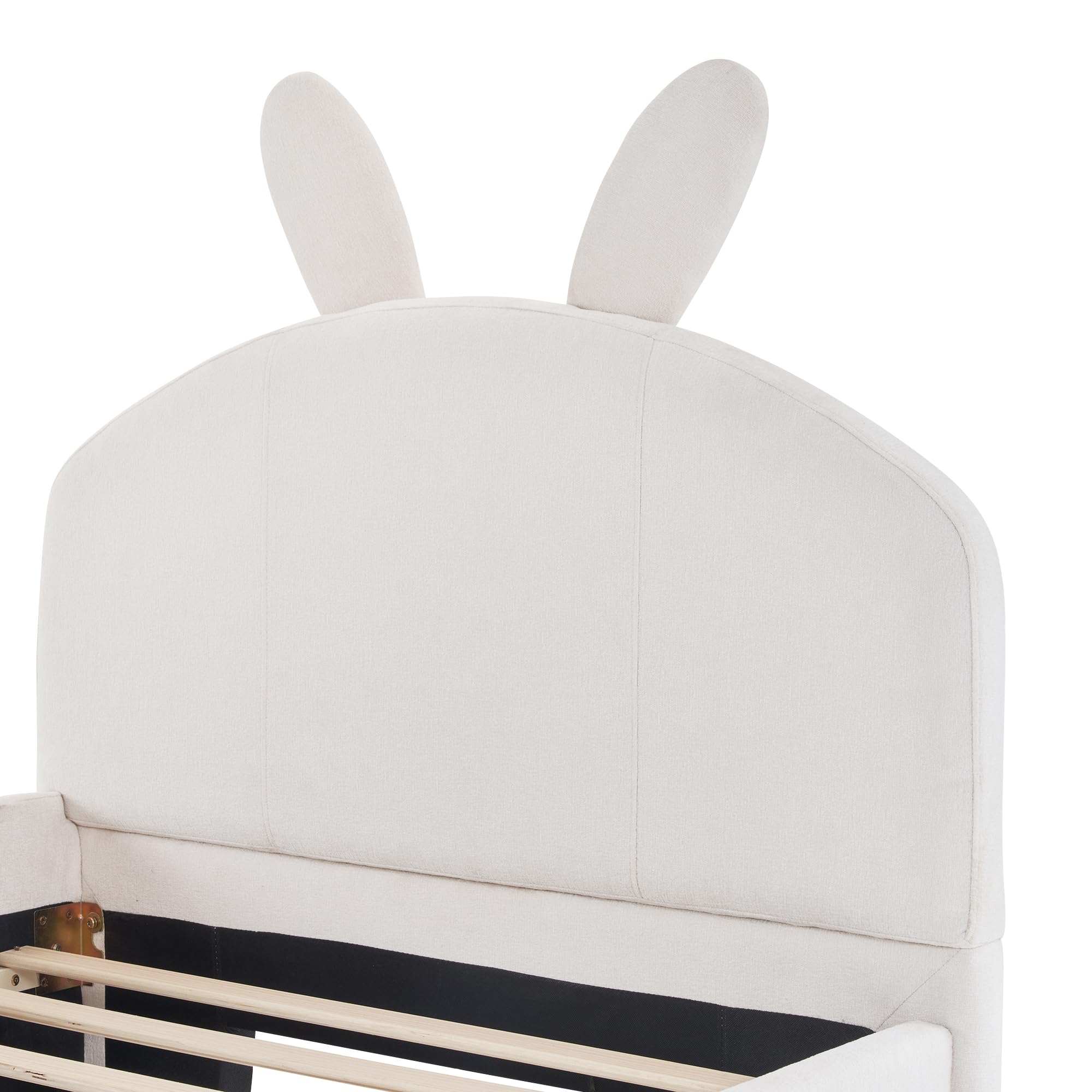 PRNDOLE Twin Size Upholstered Platform Bed Frame with 2 Drawers and Cartoon Ears Shaped Headboard for Kids,White