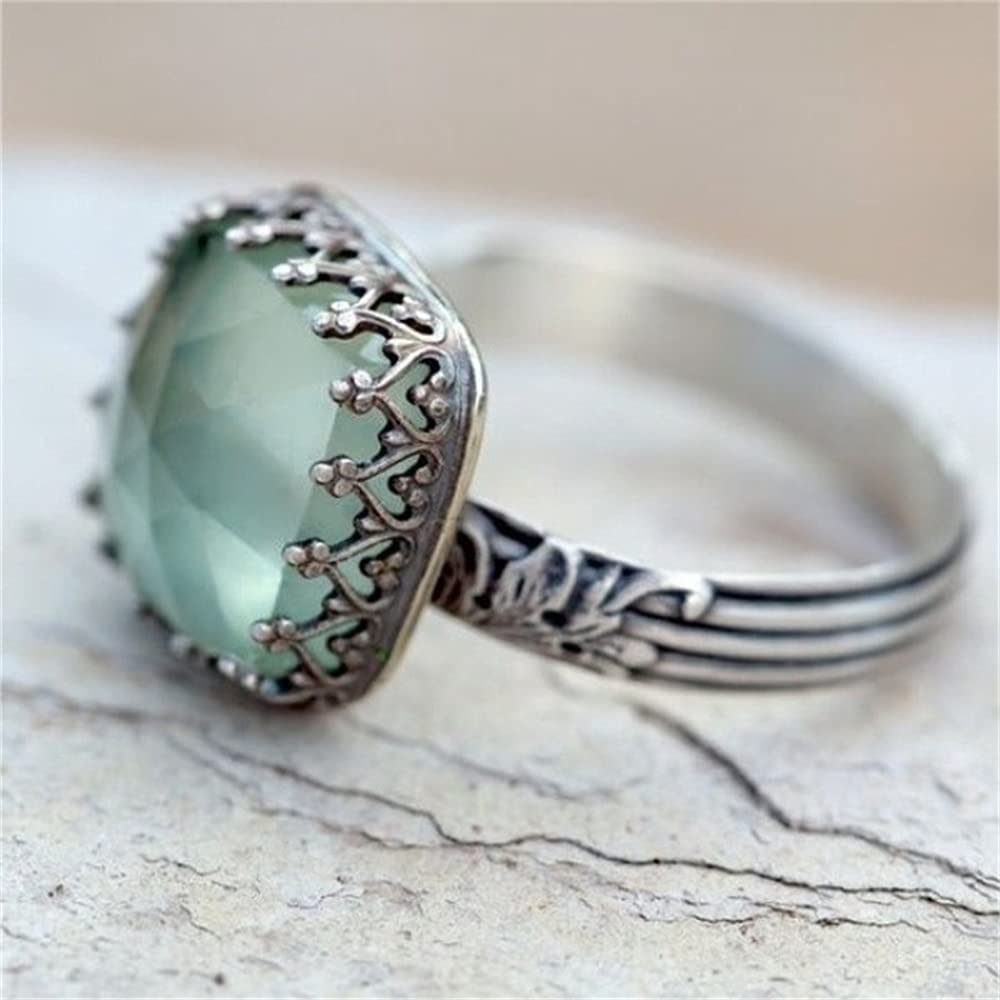 SixTwo Vintage Mint Green Moonstone Princess Square Cut Cubic Zirconia Ring Prehnite Gemstone Wedding Engagement Women Ring Retro Thai Silver Jewelry Size 610 ST.235 9