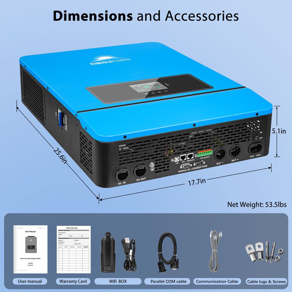SUNGOLDPOWER 8000W 48V Hybrid Inverter, Built-in 2 MPPT Solar Controllers, Max 200A Battery Charging, AC Input/Output 120V/240V(settable),Pure Sine Wave Inverter(Parallel/WiFi/BMS COMM) UL1741