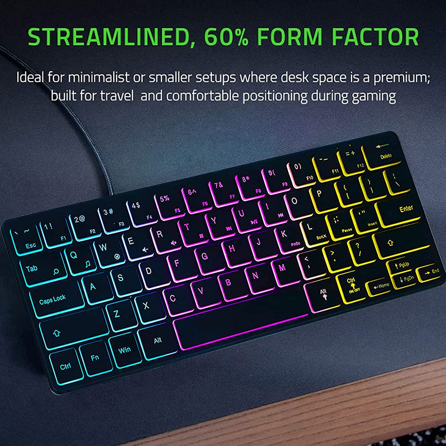 WREWING Gaming Keyboard 60 Percent, 64 Keys Compact Mini Ultra Thin Portable Wired Keyboard with Silent Click RGB Backlit Ergonomic Stand, for Gamers Office Mac Windows PC Laptop (Black)