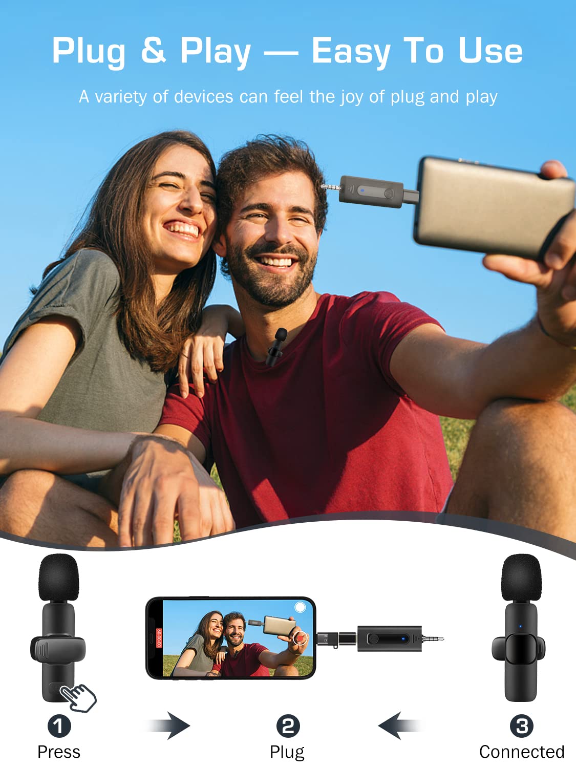 Wireless Lavalier Microphone for iPhone Android - Plug and Play Bluetooth 5.3 Lapel Mic with Clip for Video YouTube Interview Recording Facebook Live Stream Tiktok Vlog