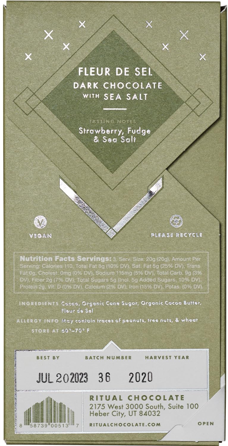 Ritual Dark Chocolate Bar, Fleur De Sel 70% Cacao, Notes of Strawberries, Fudge & Sea Salt, 2.12 oz