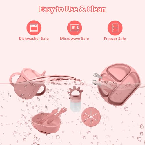 Silicone Baby Feeding Set | Baby Led Weaning Supplies | Toddler Self Feeding Dish Set with Suction Bowl, Divided Plate,Sippy Cup Spoons Forks Teether and Adjustable Bib, Eating Utensils for 6+Months